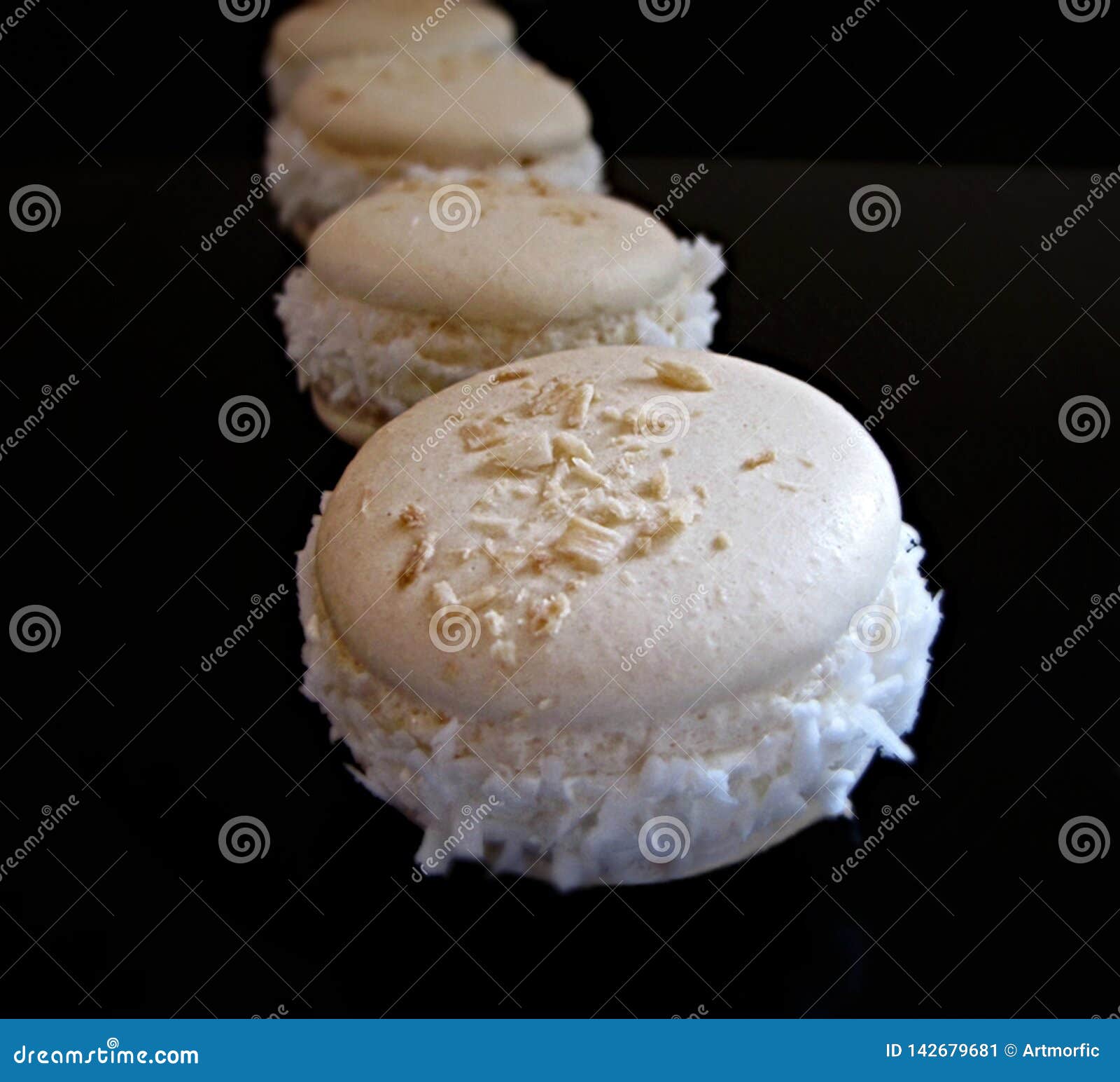 Coconut French Macarons on Black Background Stock Image - Image of ...