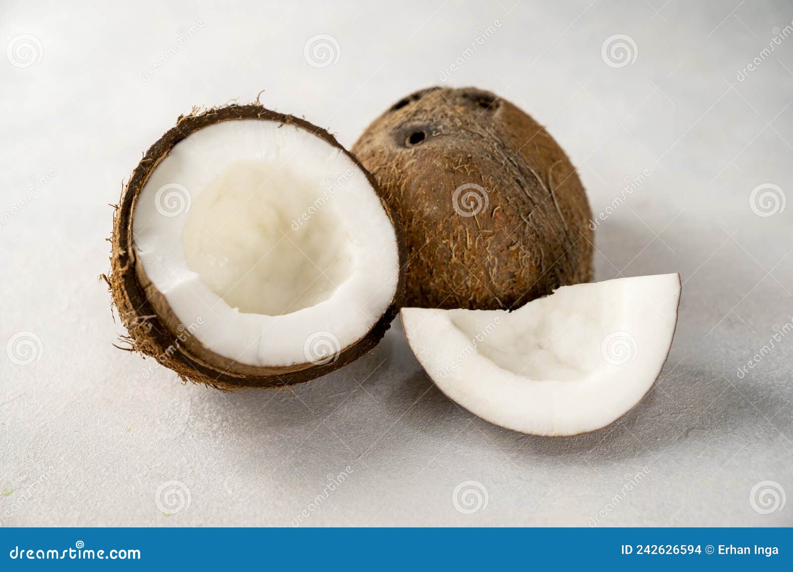 Coconut Fresh Nut Fruit Pieces on Bright Background Stock Photo - Image ...