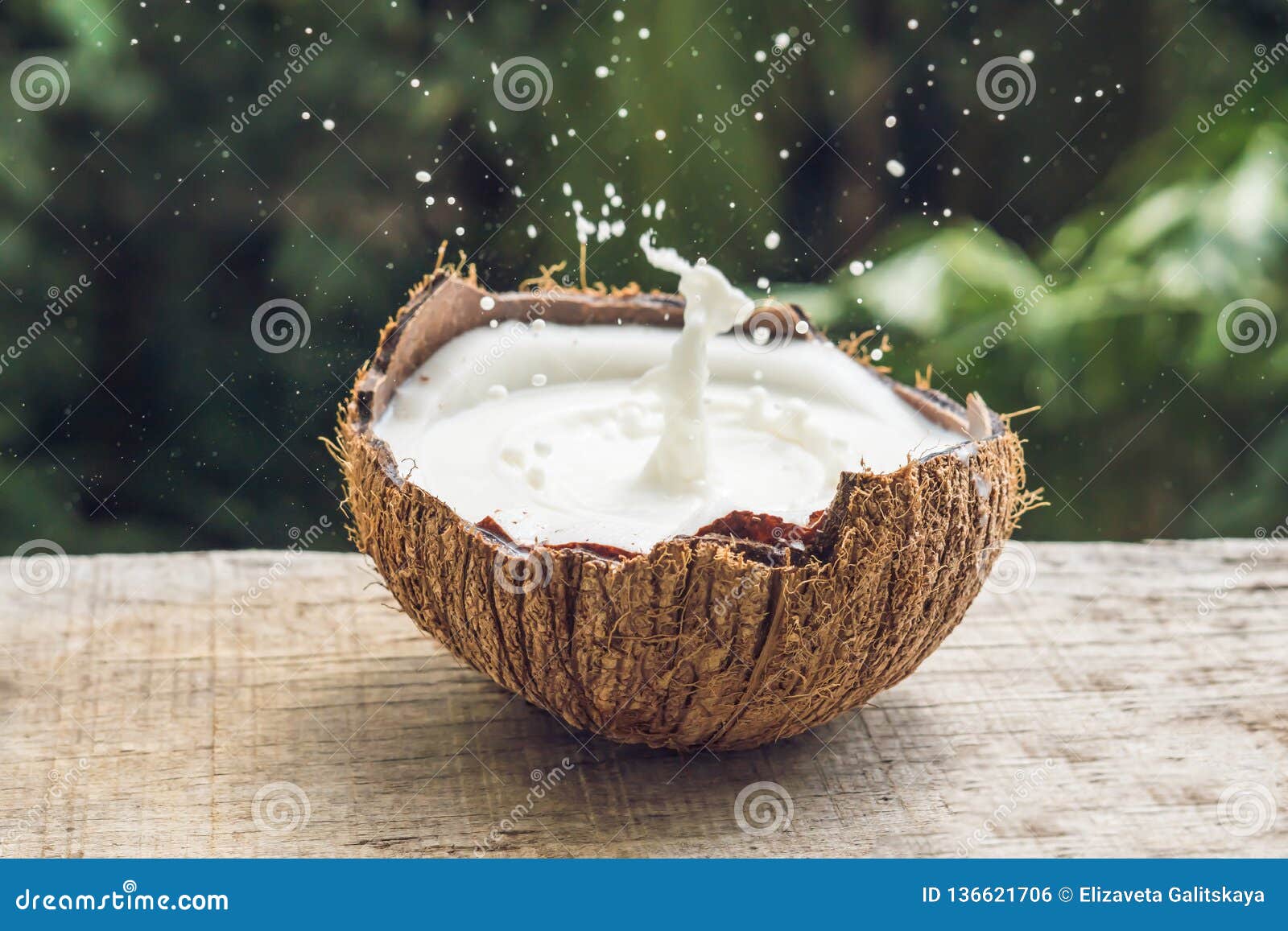 Coconut Fruit and Milk Splash Inside it on a Background of a Palm Tree ...