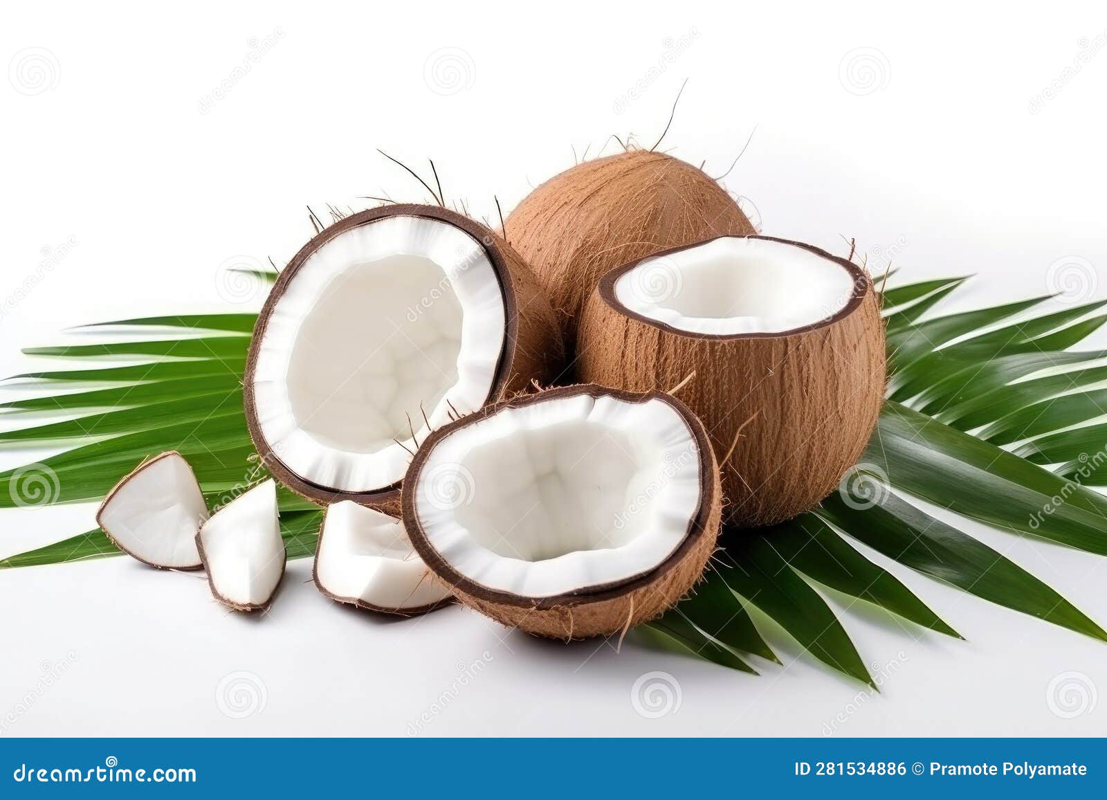 Coconut and Coconut Half with Coconut Leaves on White Background ...