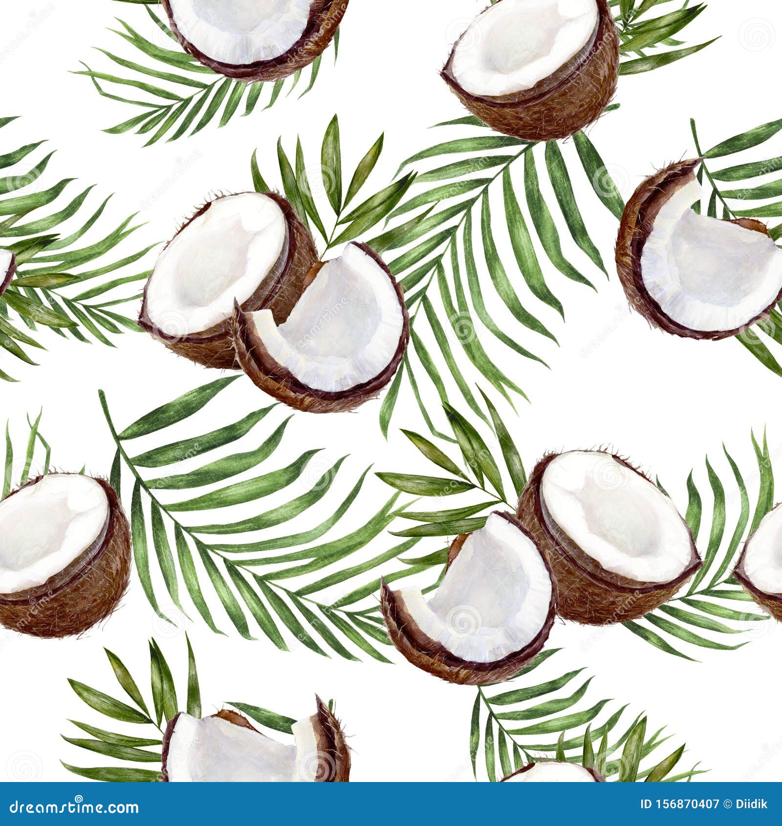 Coconut Hand Drawn Watercolor Illustration. Seamless Pattern. Stock ...