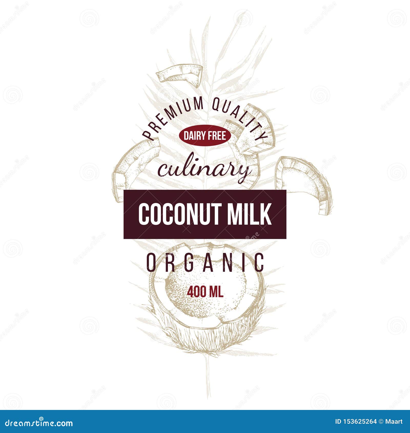 Coconut Label with Type Design Over Hand Drawn Coconut Stock Vector ...