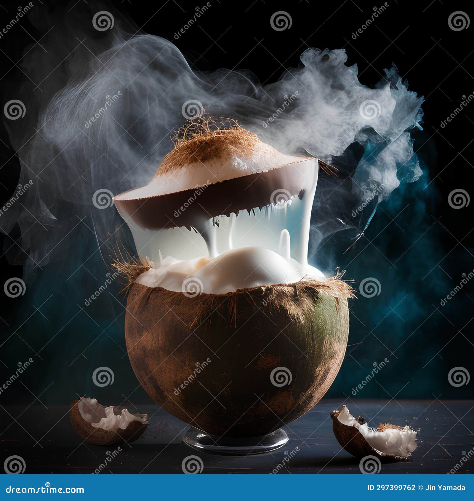 Coconut with Milk on a Black Background with Clouds of Steam Stock ...