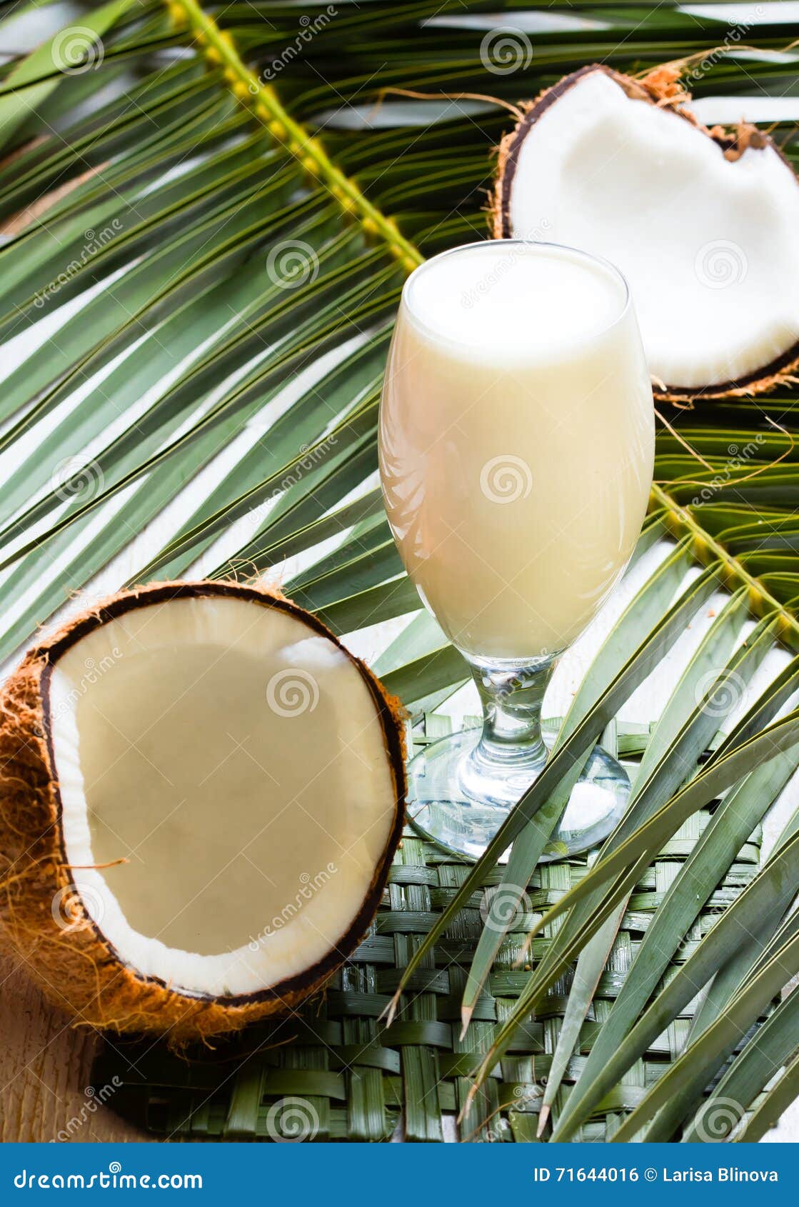 Coconut, Milk on Palm Tree Leave, White Background. Stock Photo - Image ...