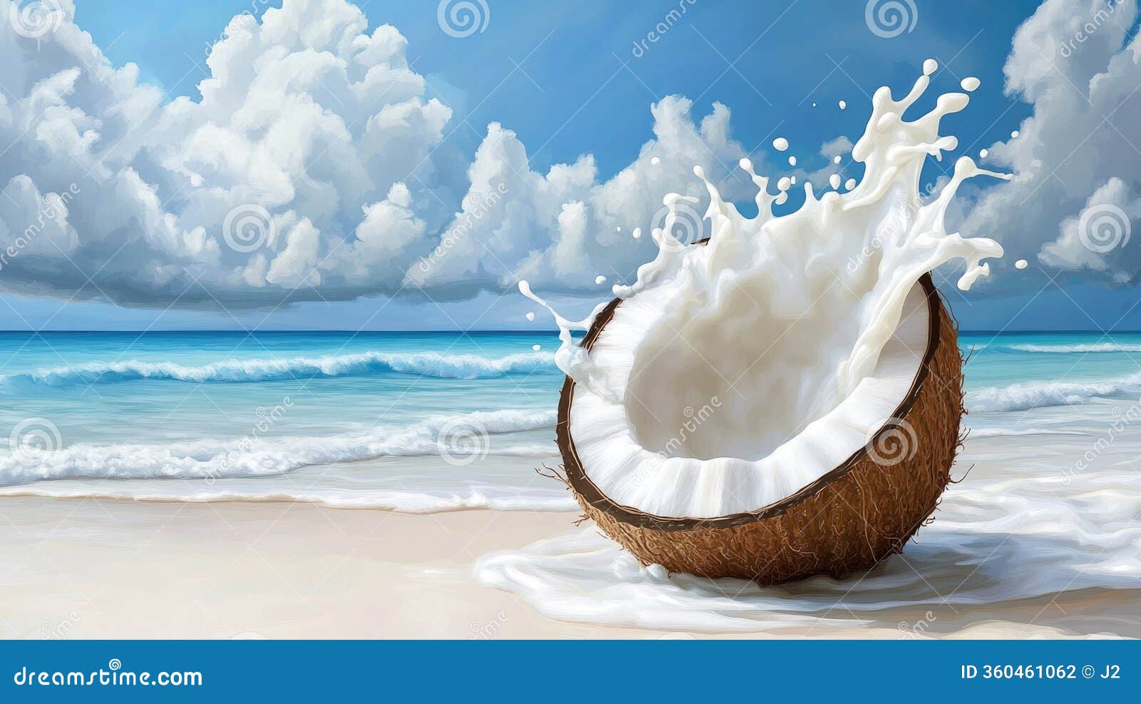Coconut Milk Splash on Tropical Beach Under Vibrant Sky and Sunlit ...