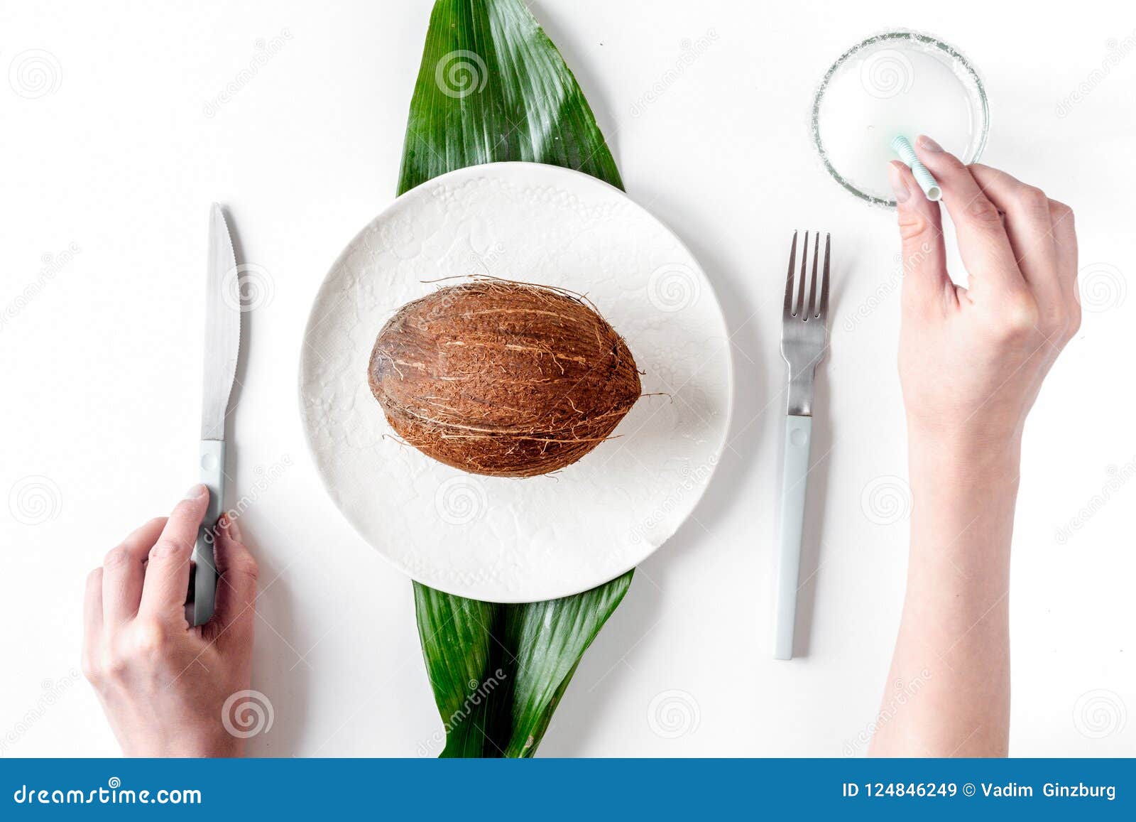 Coconut on Plate Top View on White Background Stock Image - Image of ...