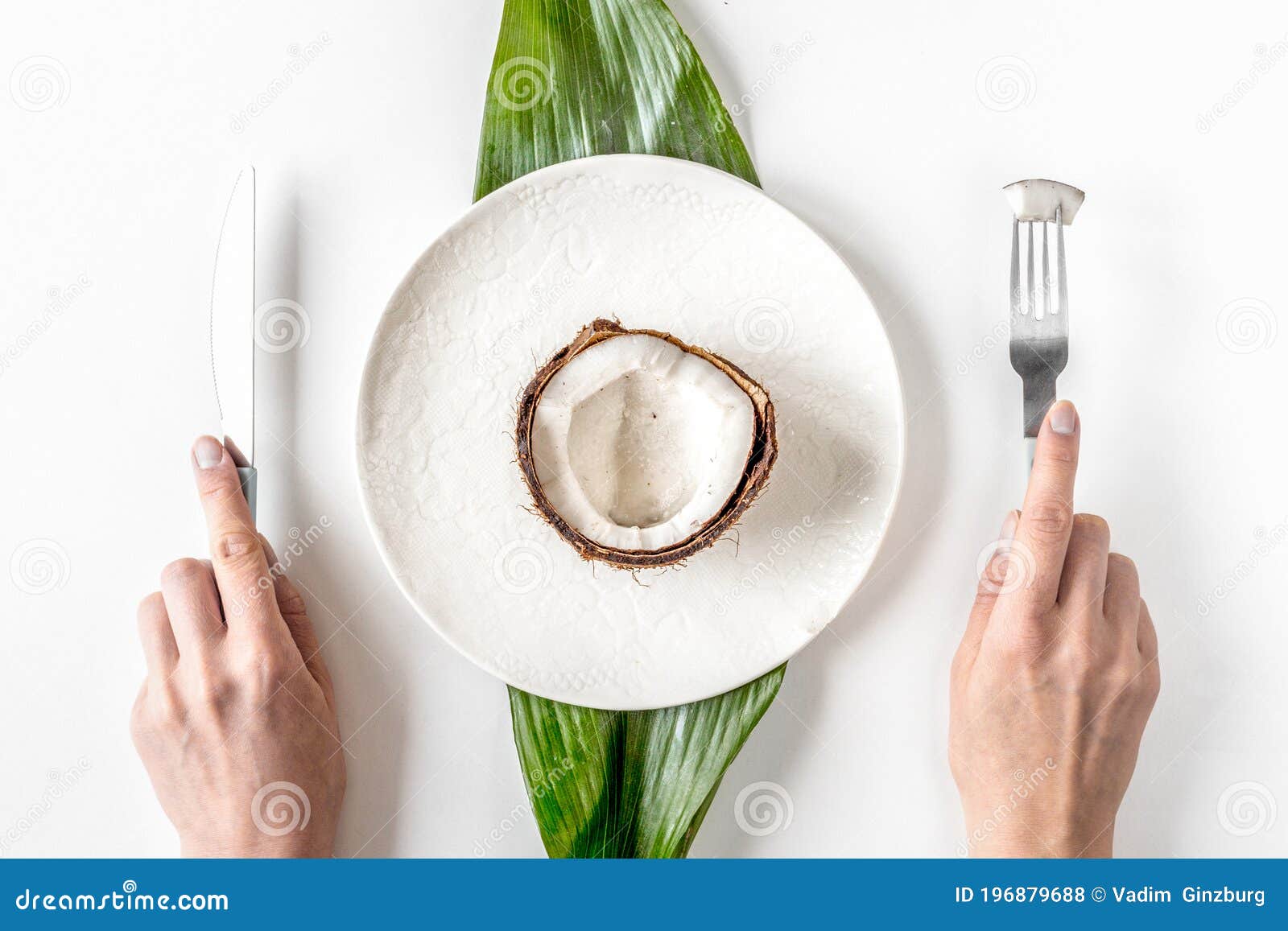 Coconut on Plate Top View on White Background Stock Photo - Image of ...