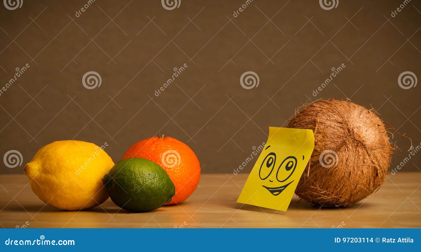 Coconut with Post-it Note Looking at Citrus Fruits Stock Photo - Image ...
