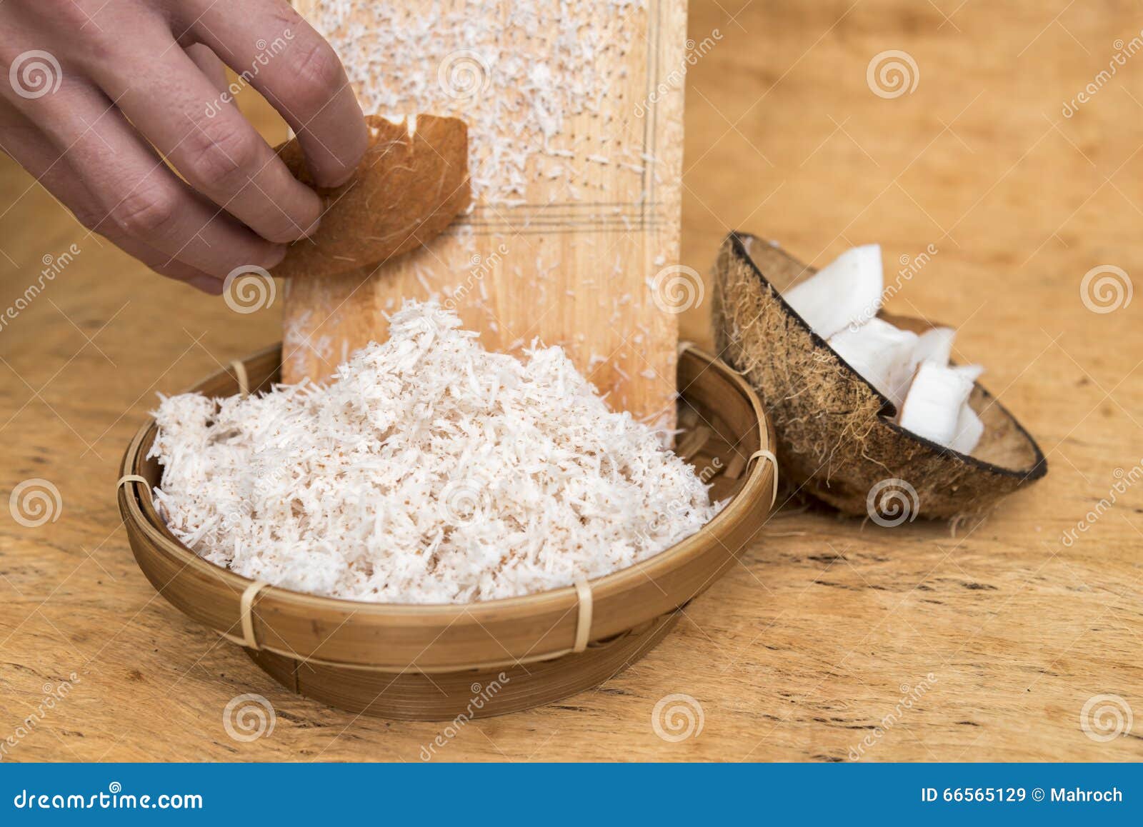 Coconut Pulp Grated on Wooden Shredder Stock Image - Image of coconut ...