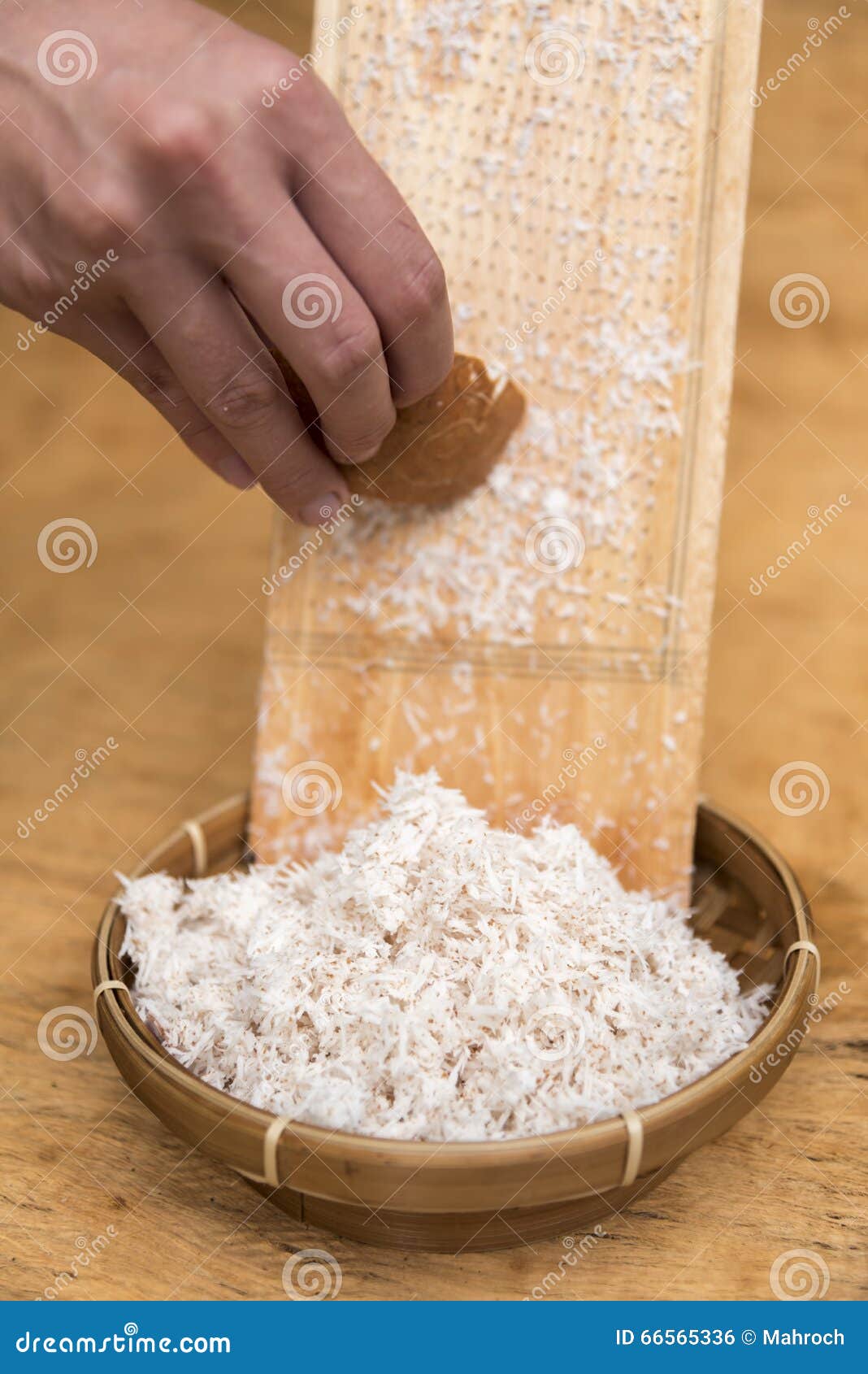 Coconut Pulp Grated on Wooden Shredder Stock Photo - Image of healthy ...