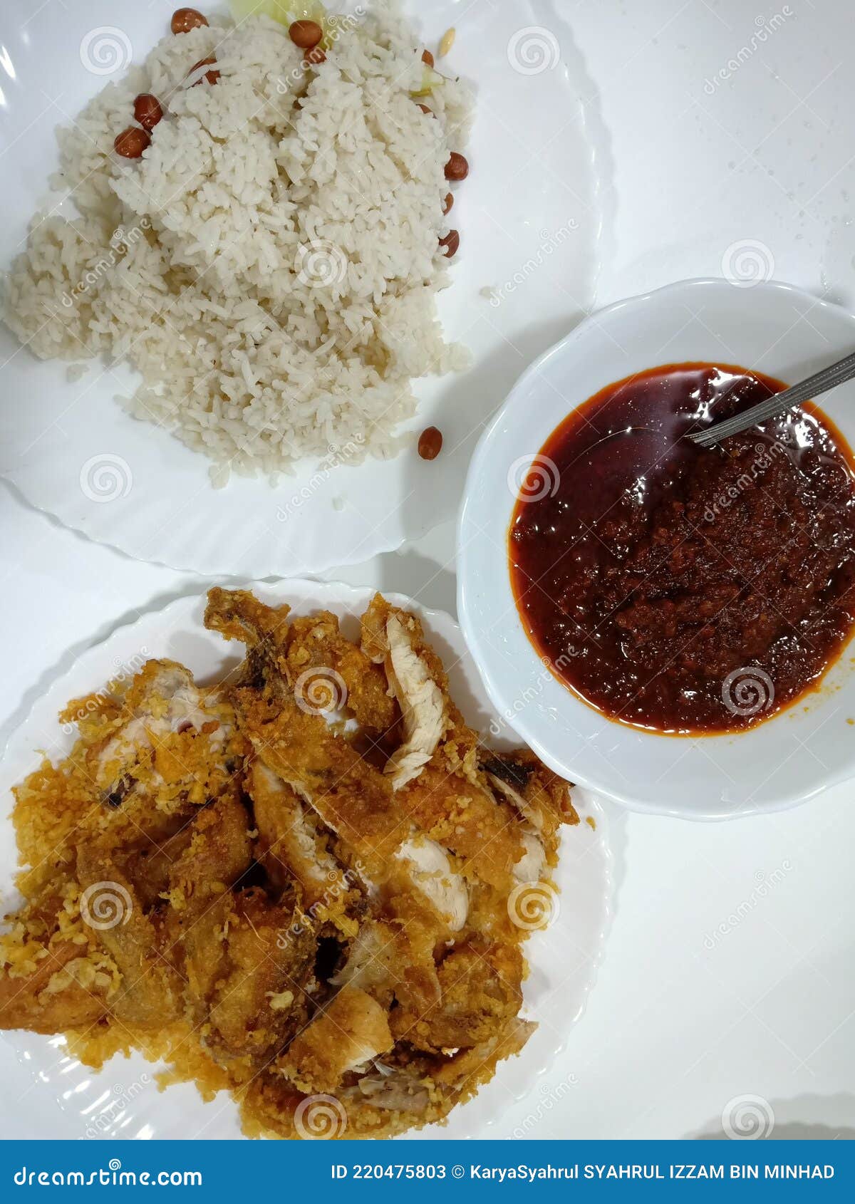 Coconut Rice, Chilli Sambal and Fried Chicken Stock Image - Image of ...