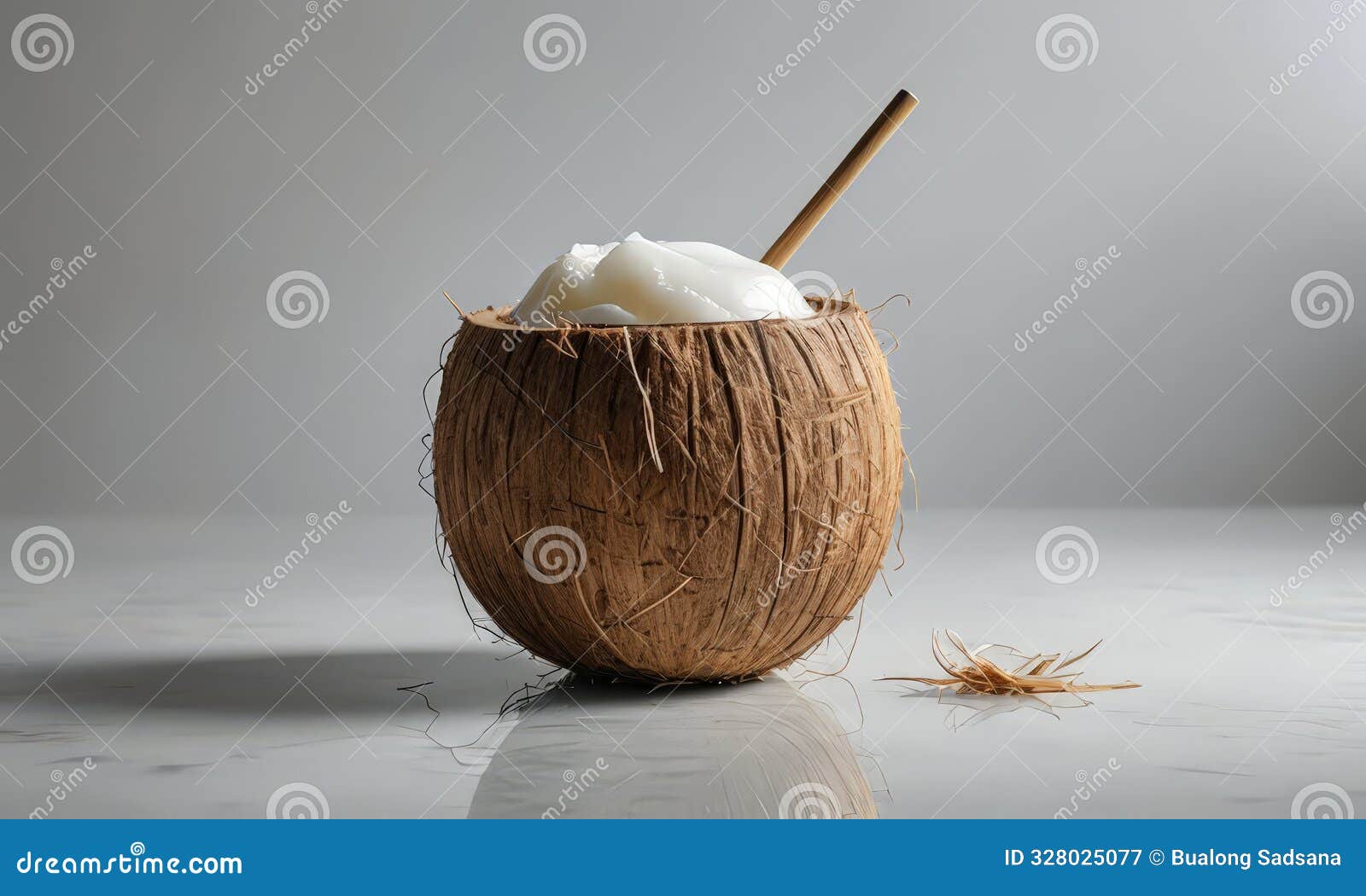 Coconut Shell Filled with White Substance and Straw Protruding from it ...