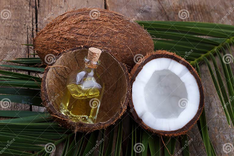 Coconut shell and oil stock photo. Image of decanter - 74447520