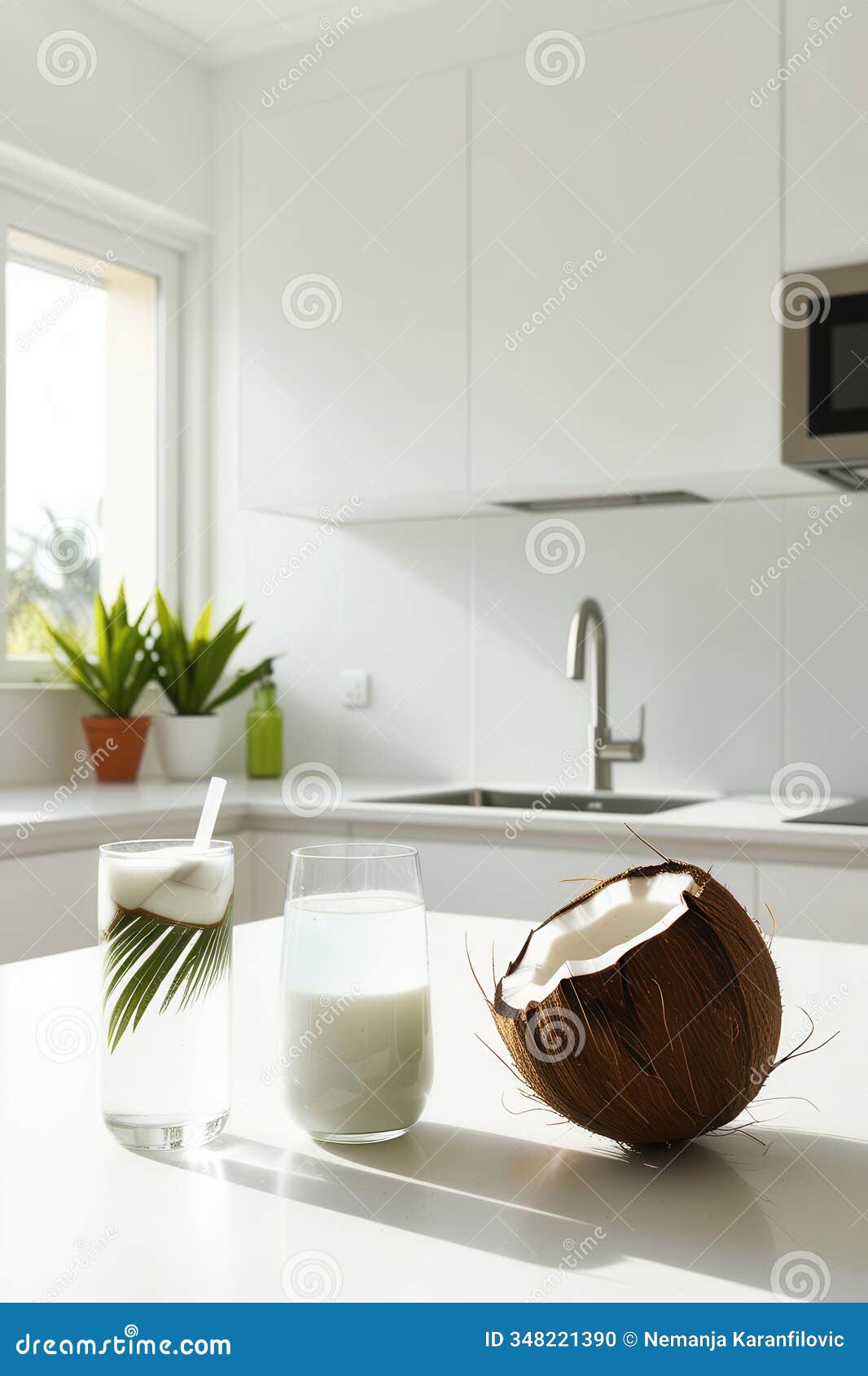 Coconut Shell with Water and Potted Plants on Sleek Kitchen Counter ...