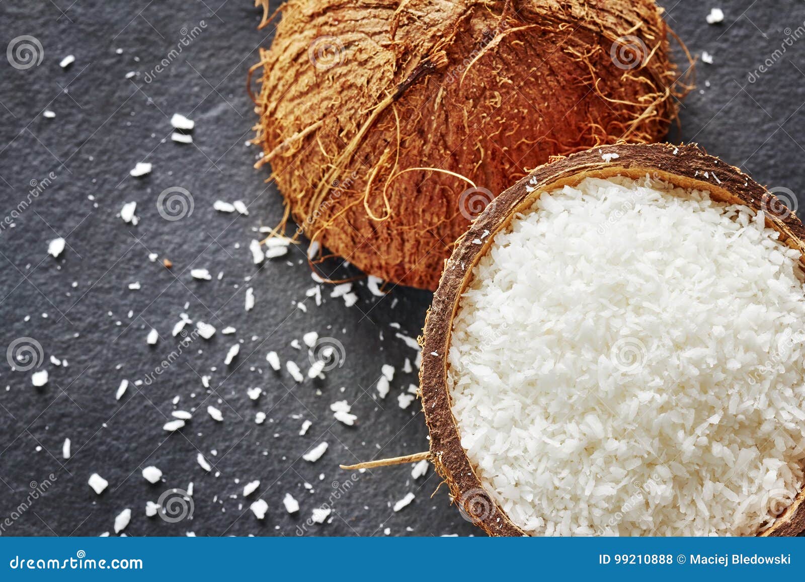 Coconut Shreds on a Dark Slate Background Stock Photo - Image of ...