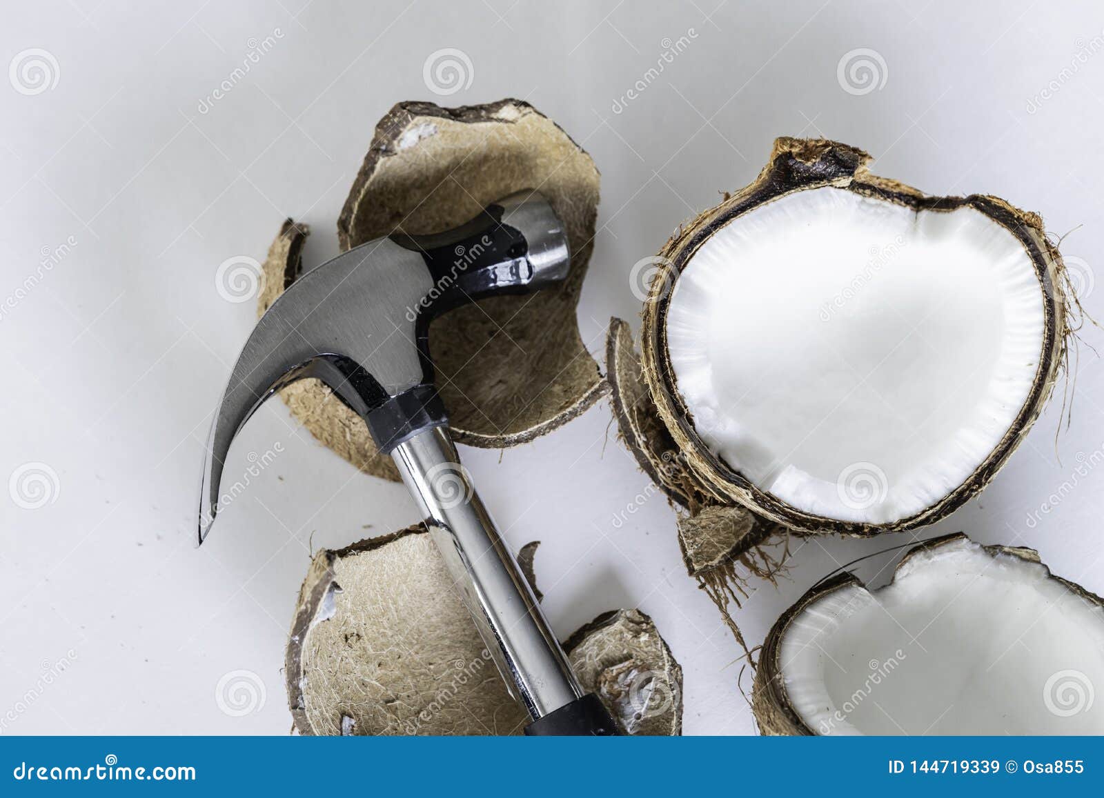 Coconut Shell Smashed Open and into Pieces with a Hammer Stock Image ...