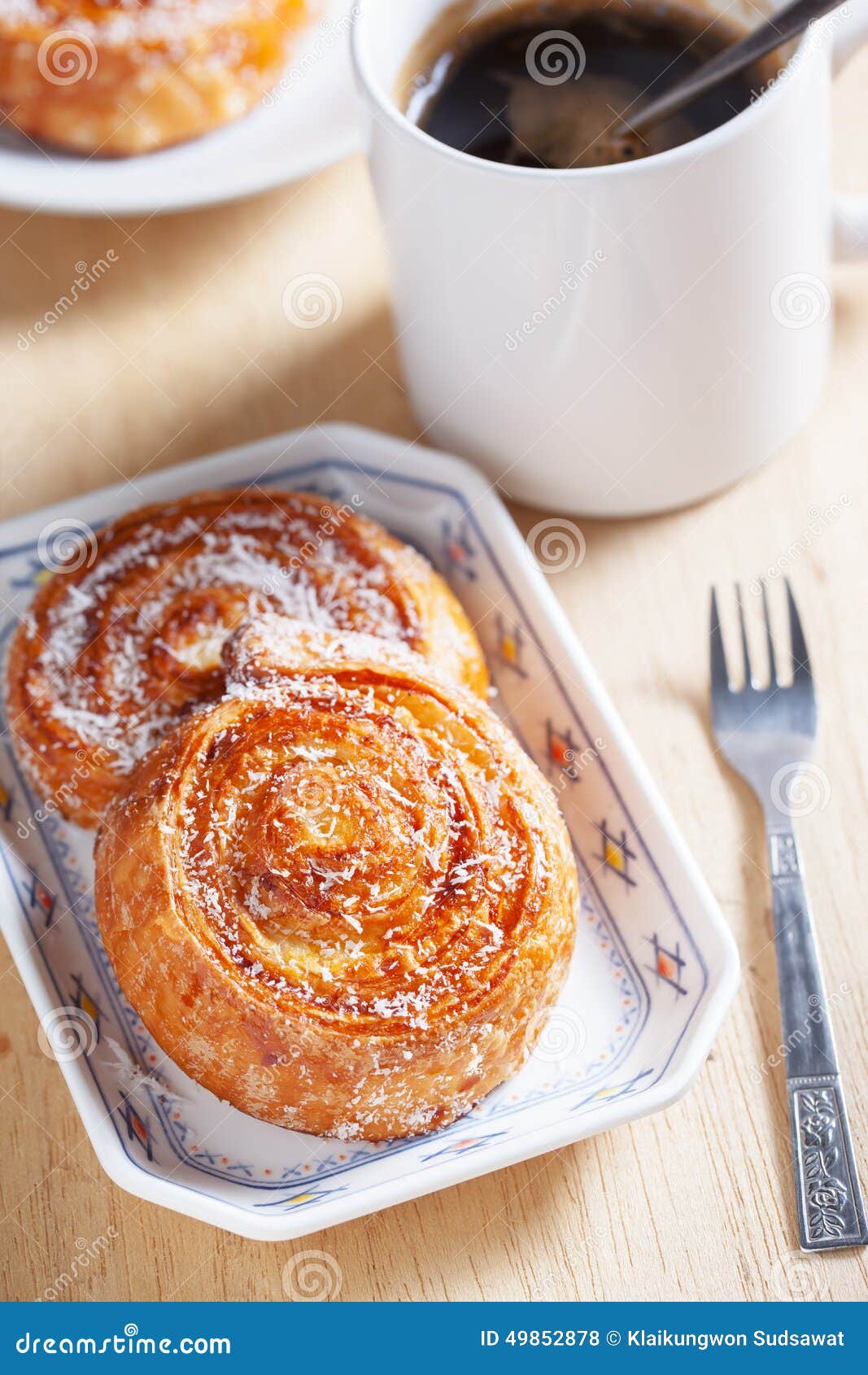 Coconut Snail Pastry and Coffee for Breakfast Stock Photo - Image of ...