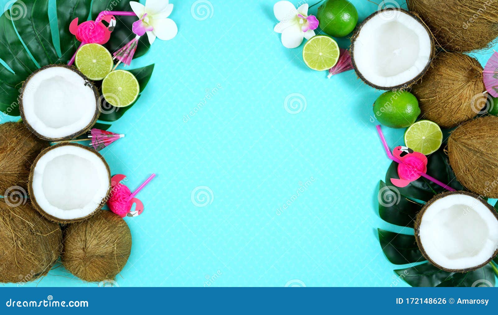 Coconut Summertime Theme Flat Lay Creative Layout Overhead. Stock Photo ...