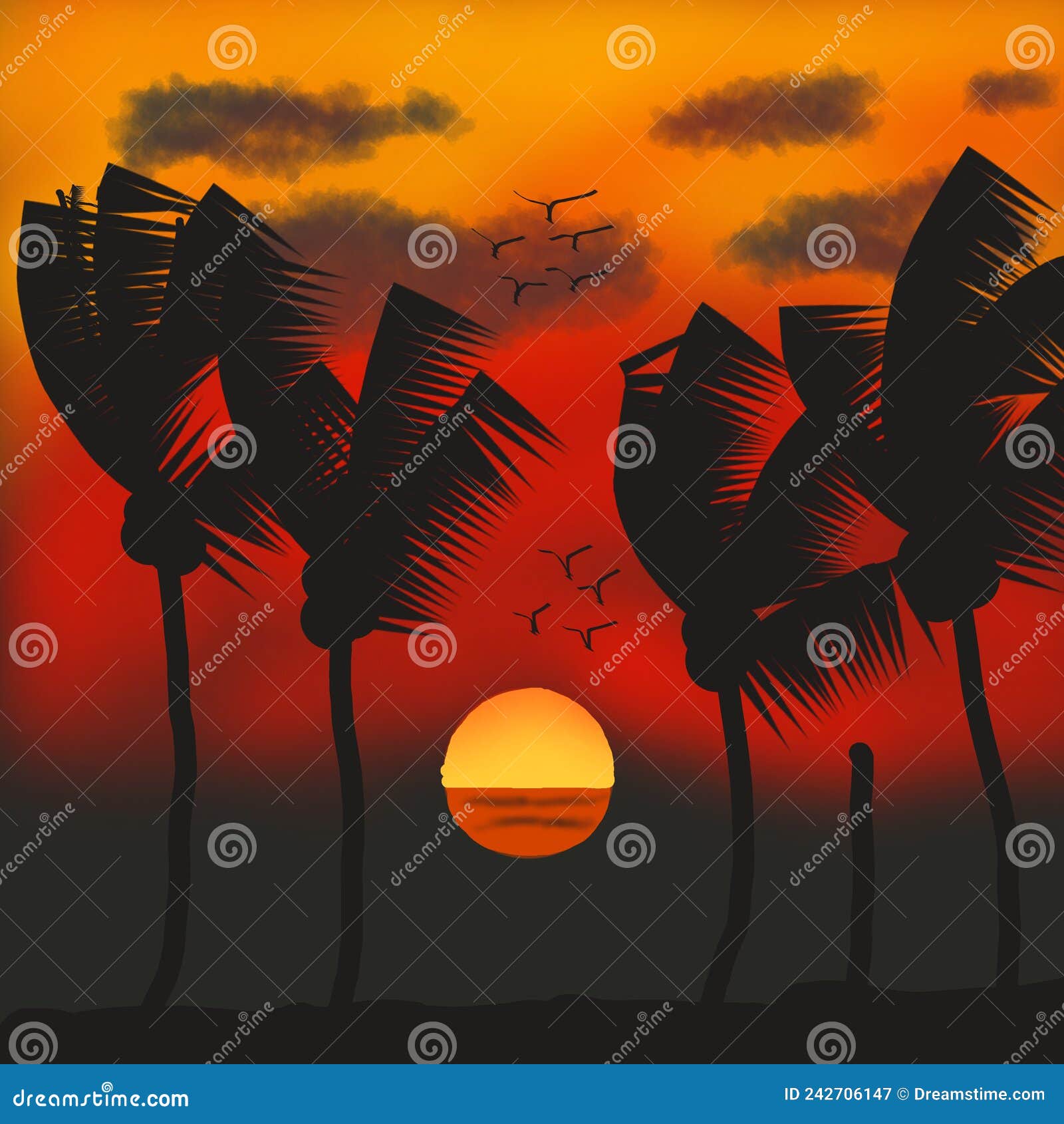 Coconut Tree Bird Sunset View Illustration Stock Illustration ...