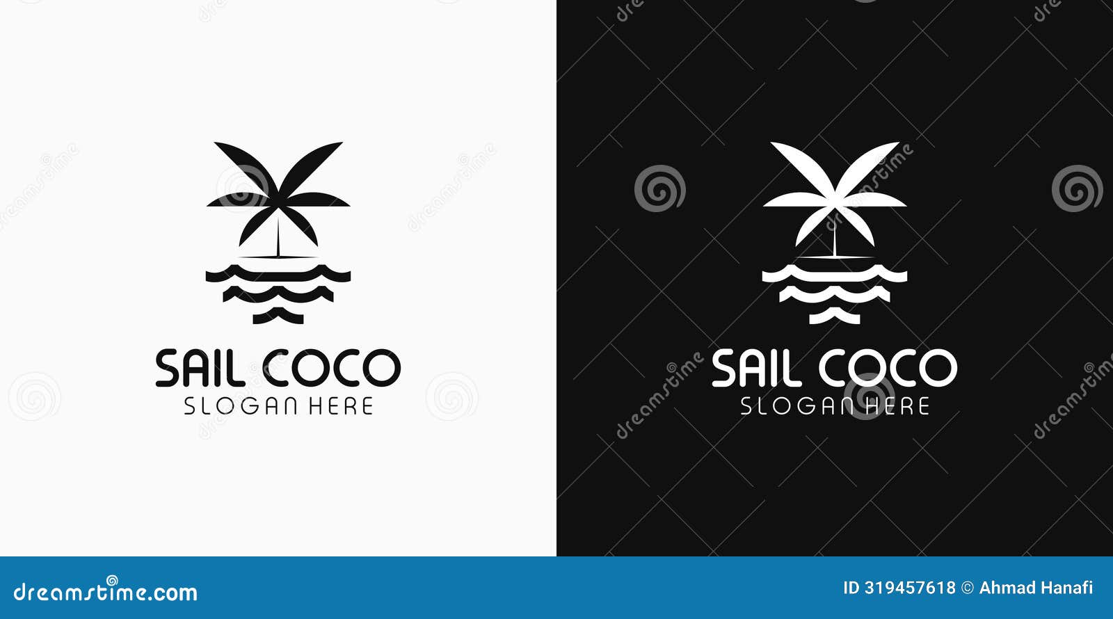 Coconut Tree Vector Logo Design with Ship Sail and Water Waves Stock ...