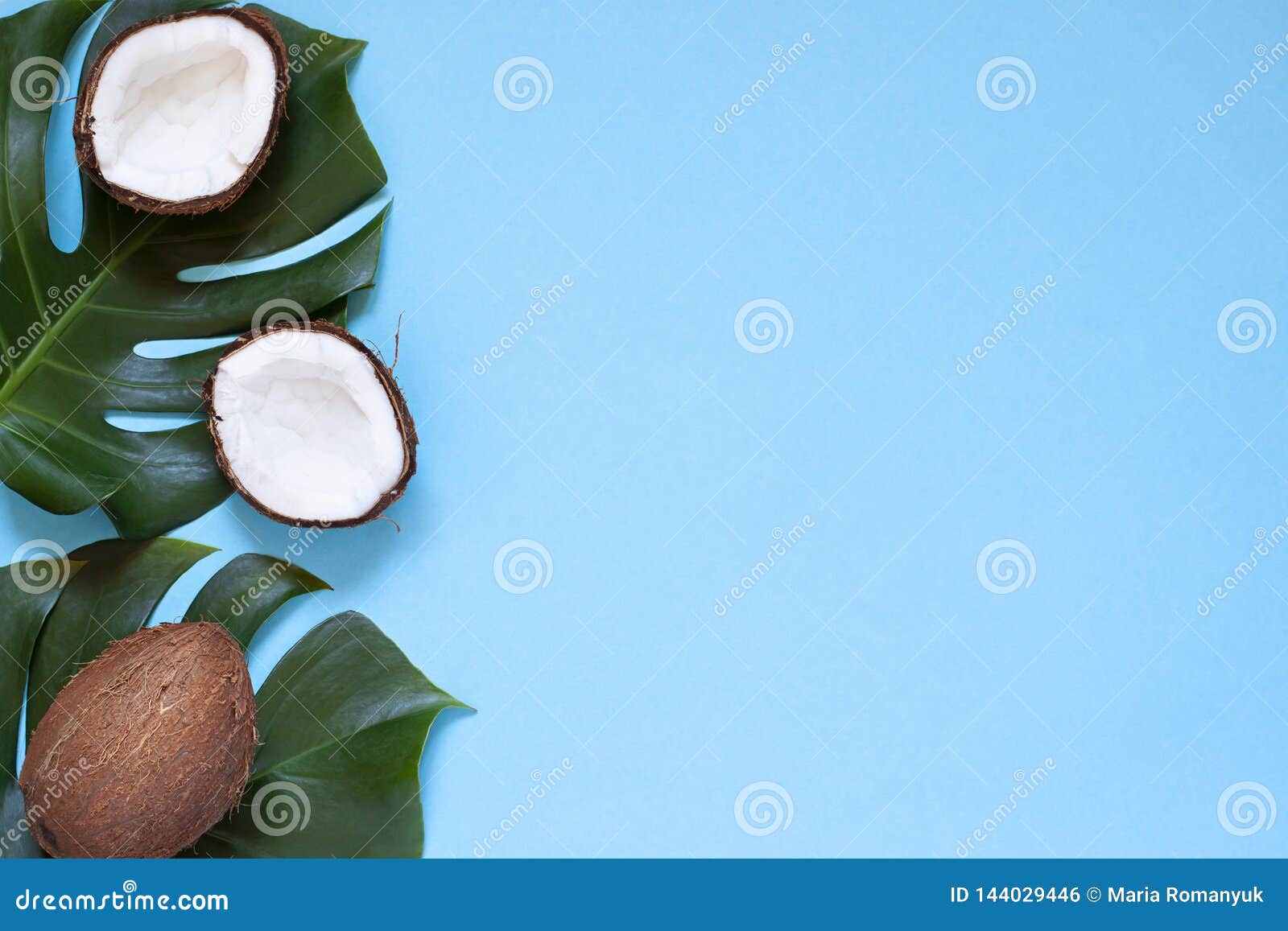 Coconut with Tropical Leaves on the Blue Background Frame. Stock Photo ...