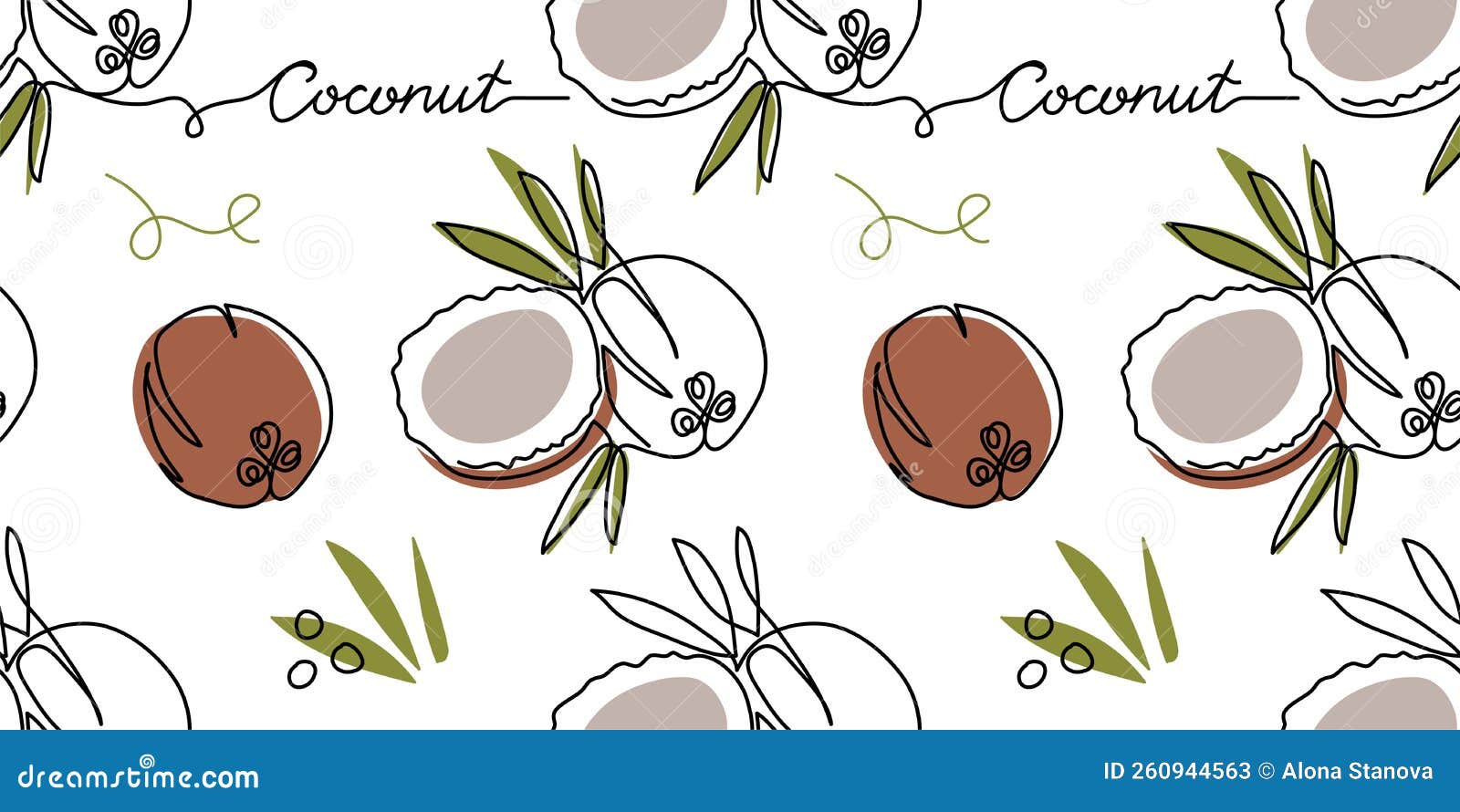 Coconut Vector Seamless Pattern or Texture. One Line Art Drawing with ...