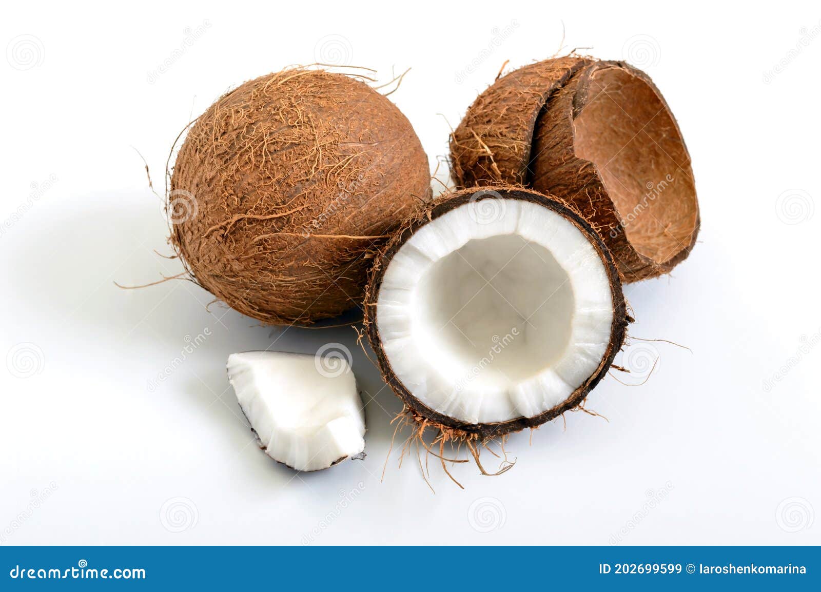Coconut on a White Background. Whole Coconut, Halves, Shells, Pieces of ...