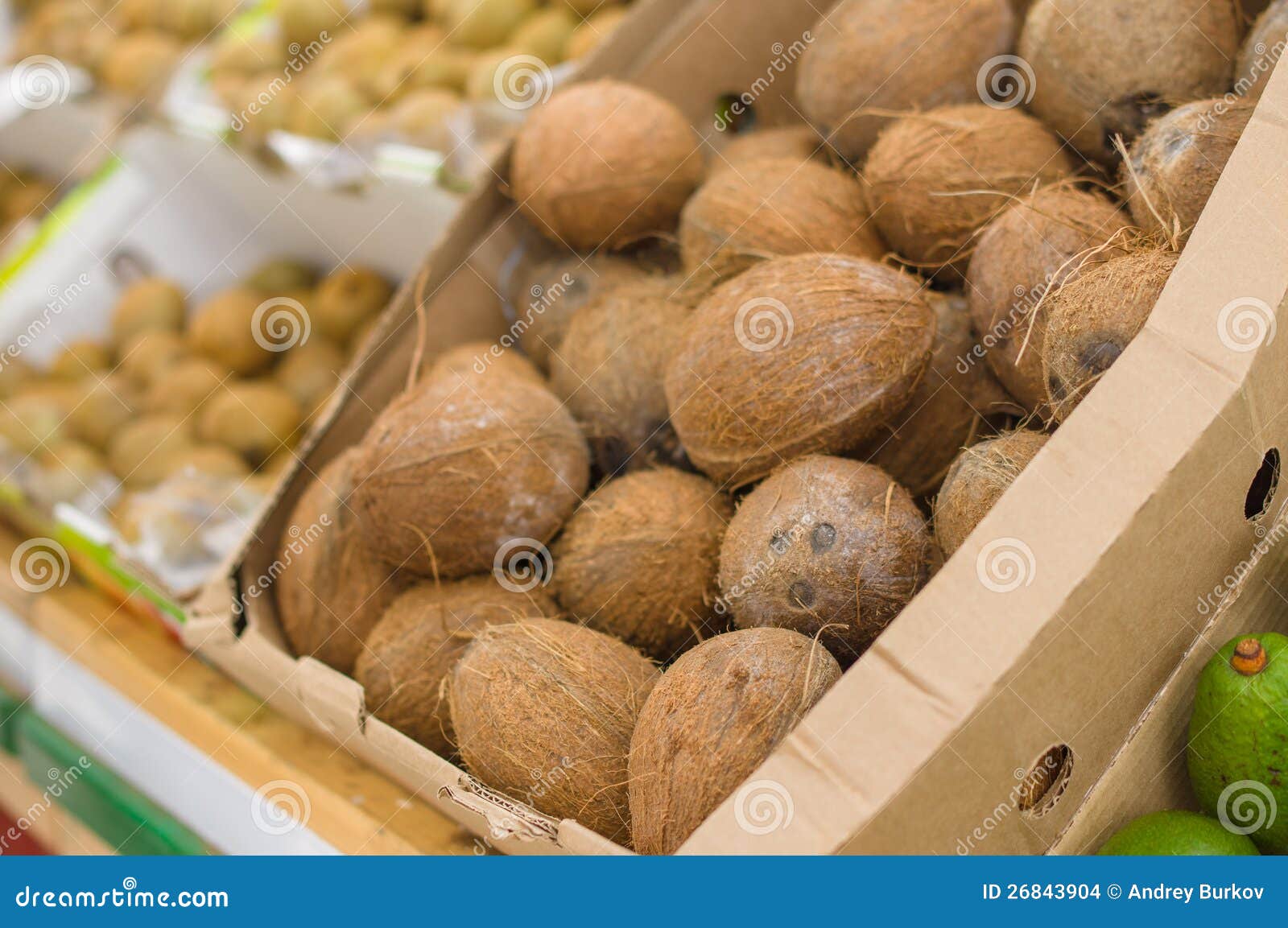 Coconuts in Boxes in Supermarket Stock Photo - Image of people, product ...