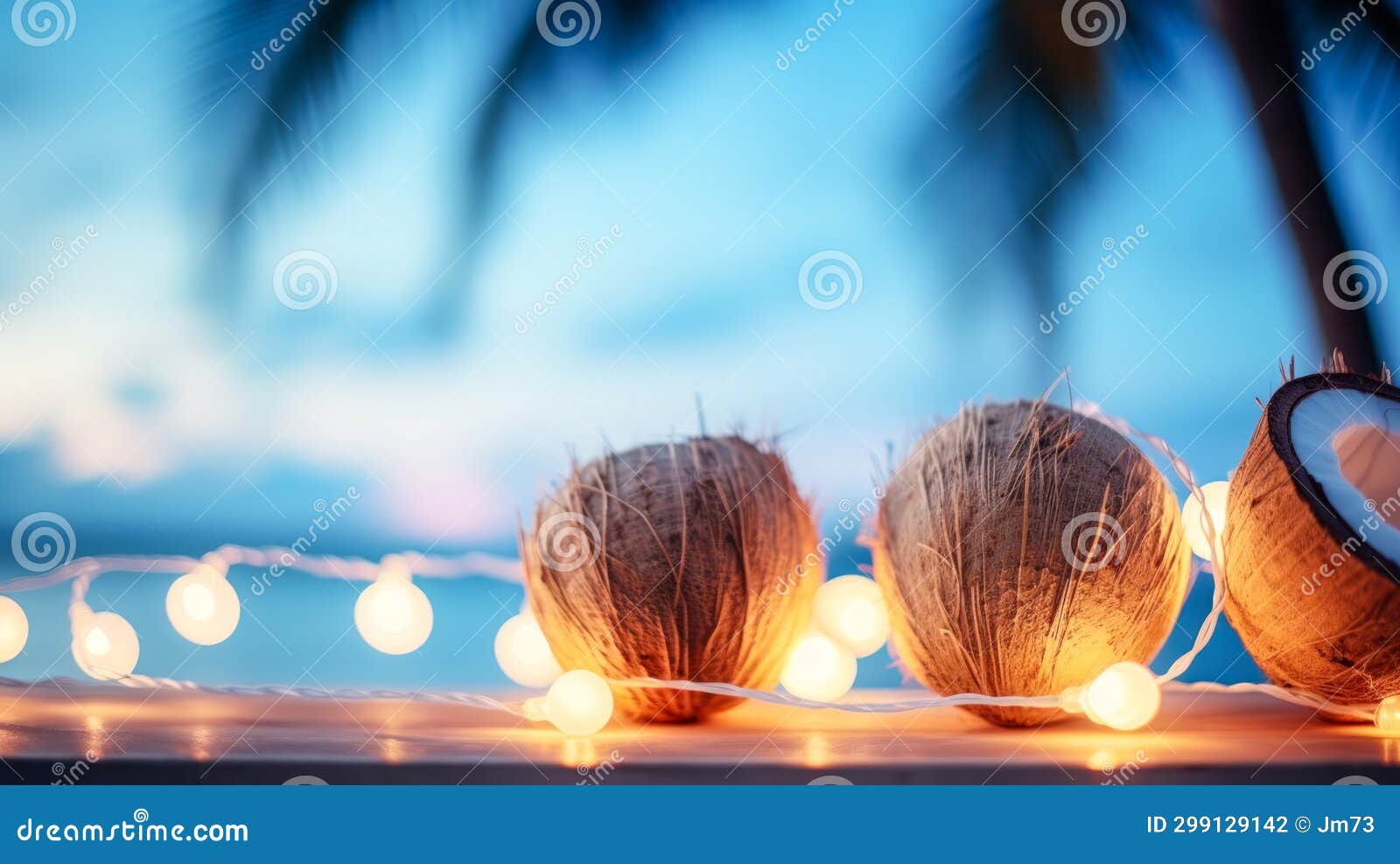 Coconuts, Chain of LED Lights, Palm Tree in Background Stock ...