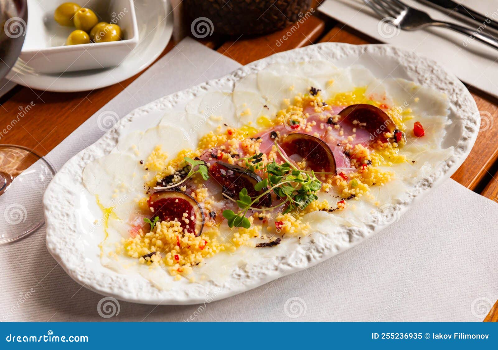 Cod Carpaccio with Fresh Figs Stock Image - Image of codfish, haddock ...