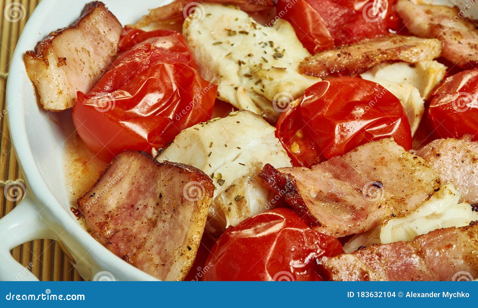 Cod with Chopped Tomatoes, Crispy Pancetta Stock Photo - Image of ...