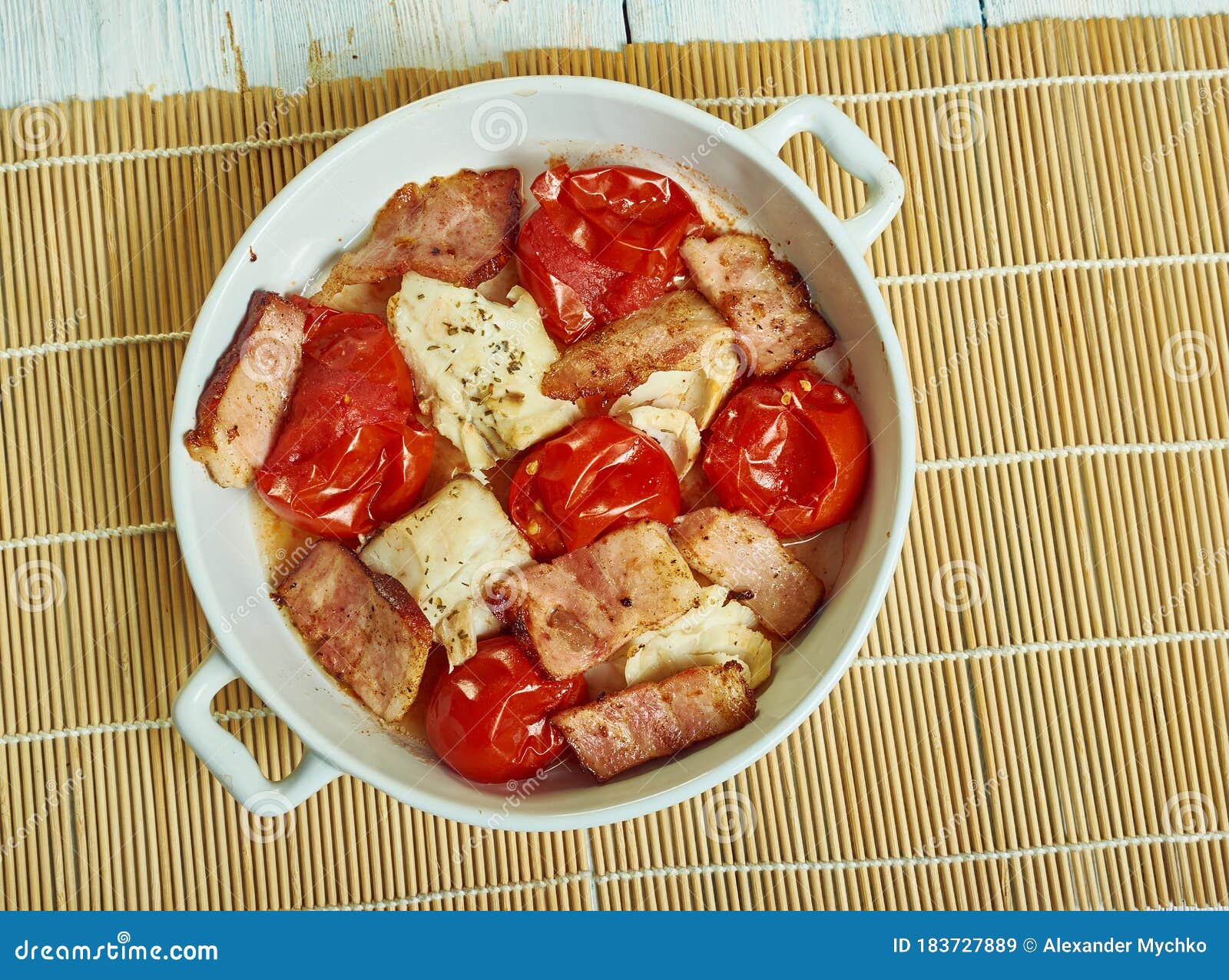 Cod with Chopped Tomatoes, Crispy Pancetta Stock Image - Image of ...