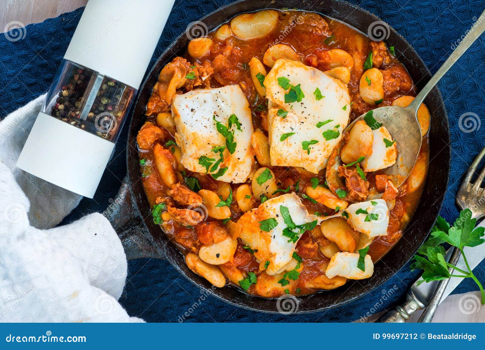 Cod and chorizo stew stock photo. Image of broad, flavor - 99697212