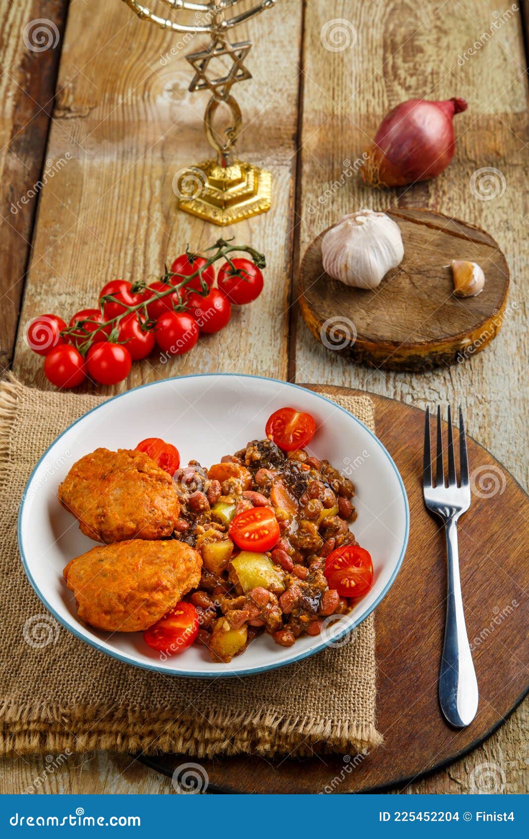 Cod Cutlets with Potatoes and Vegetables Next To Menorah and ...
