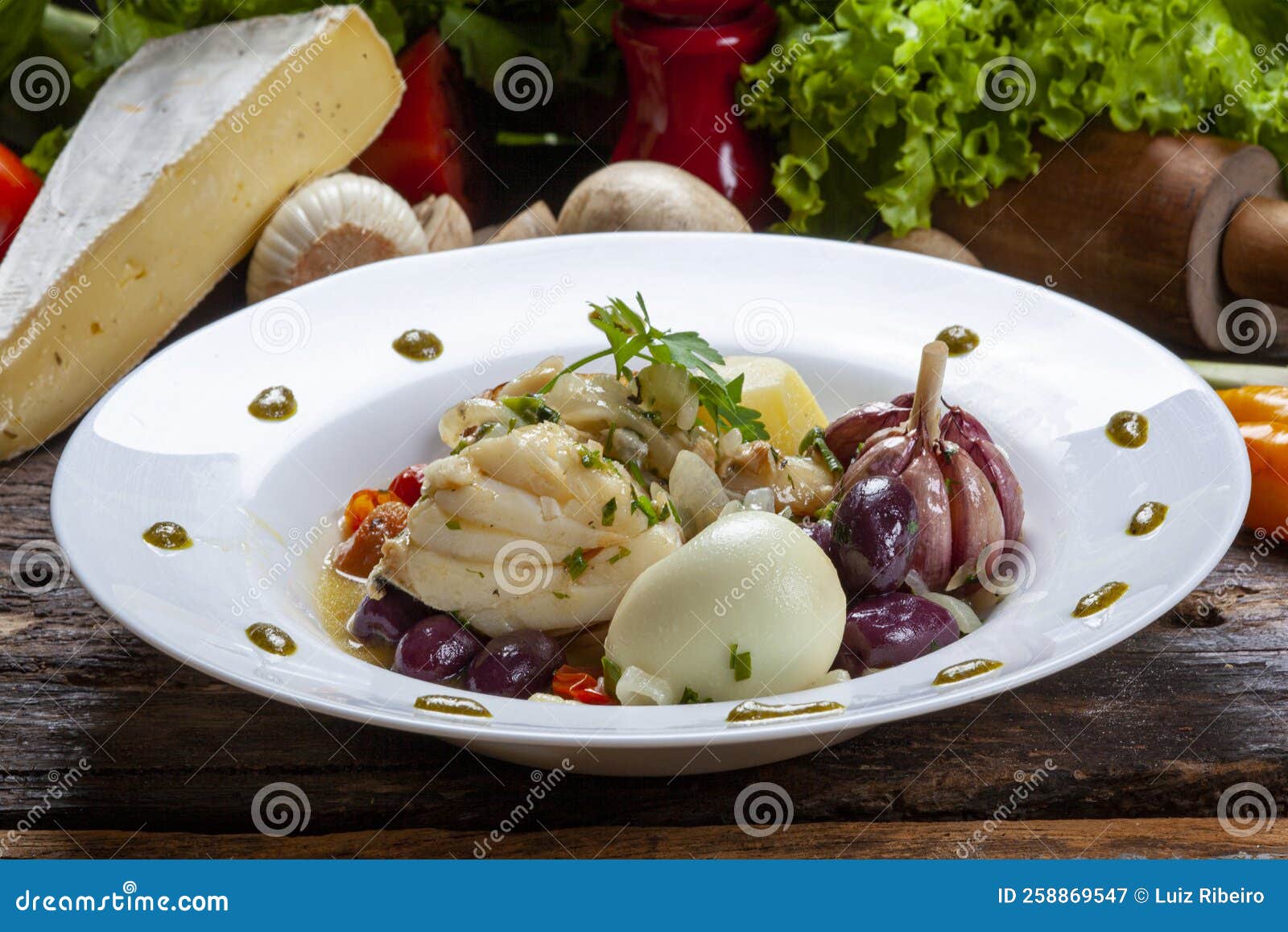 Cod with eggs olives stock image. Image of vegetable - 258869547