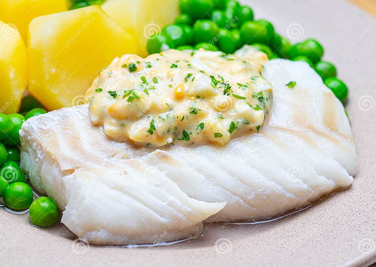 Cod Fillet with Peas and Potatoes Stock Photo - Image of fish, herb ...