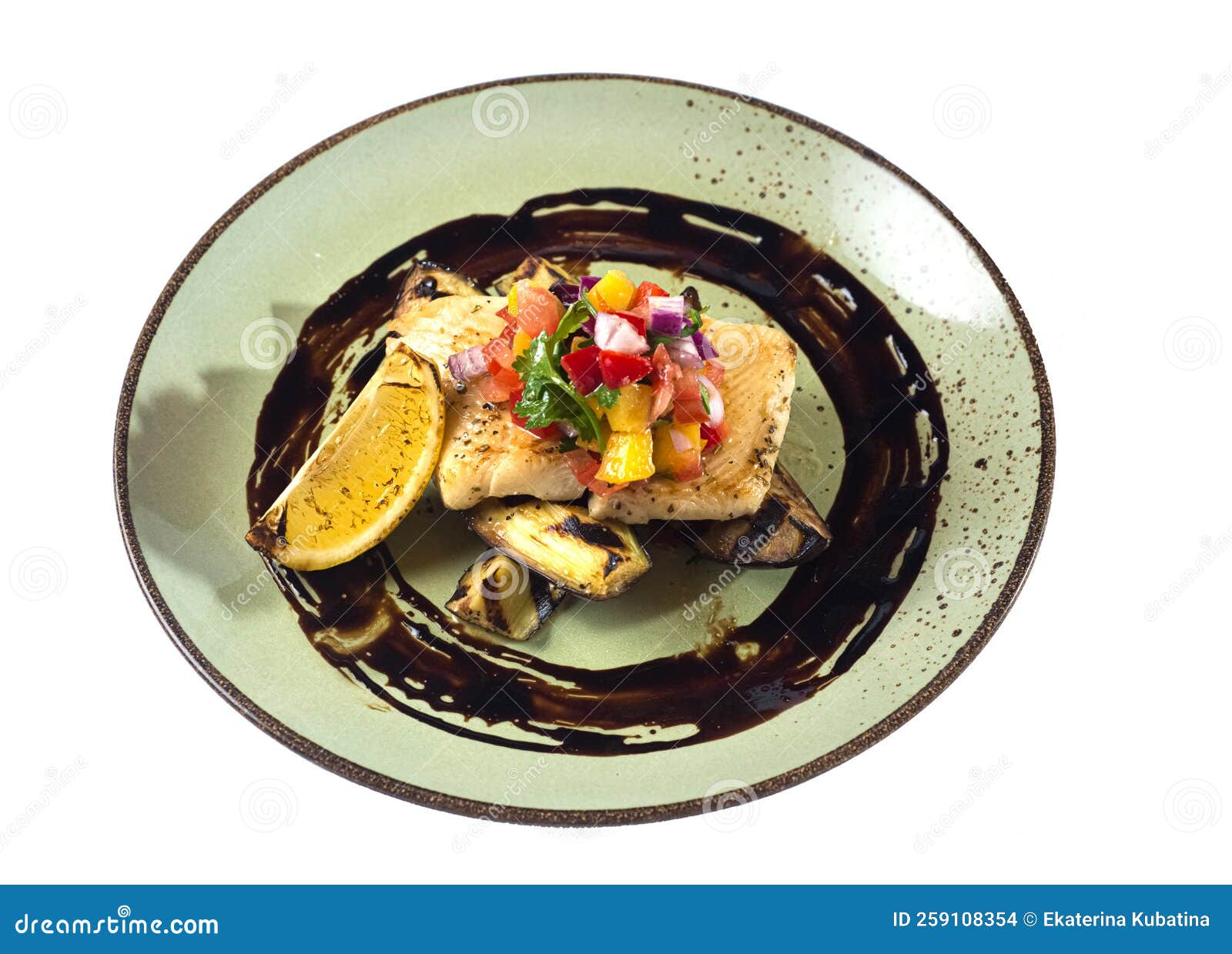 Cod Fillet with Salsa Sauce and a Slice of Lemon on Grilled Eggplant ...