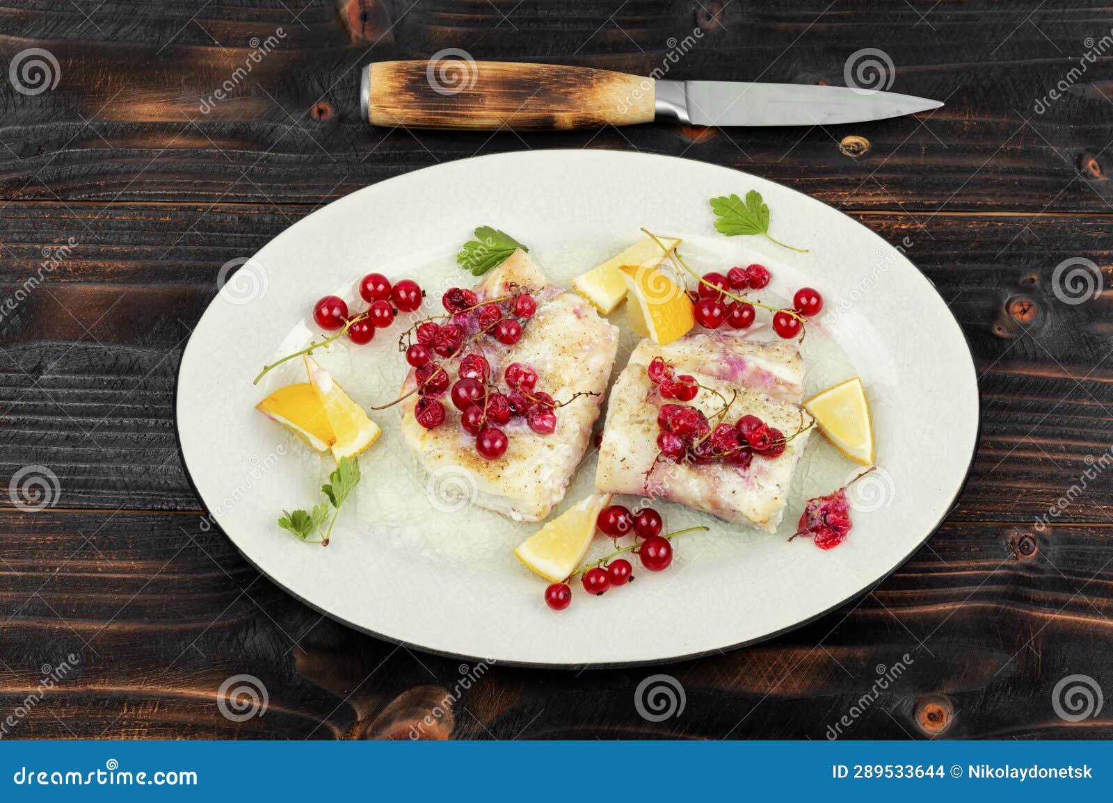 Fried Cod Fillet with Berries, Fish Dish Stock Photo - Image of white ...