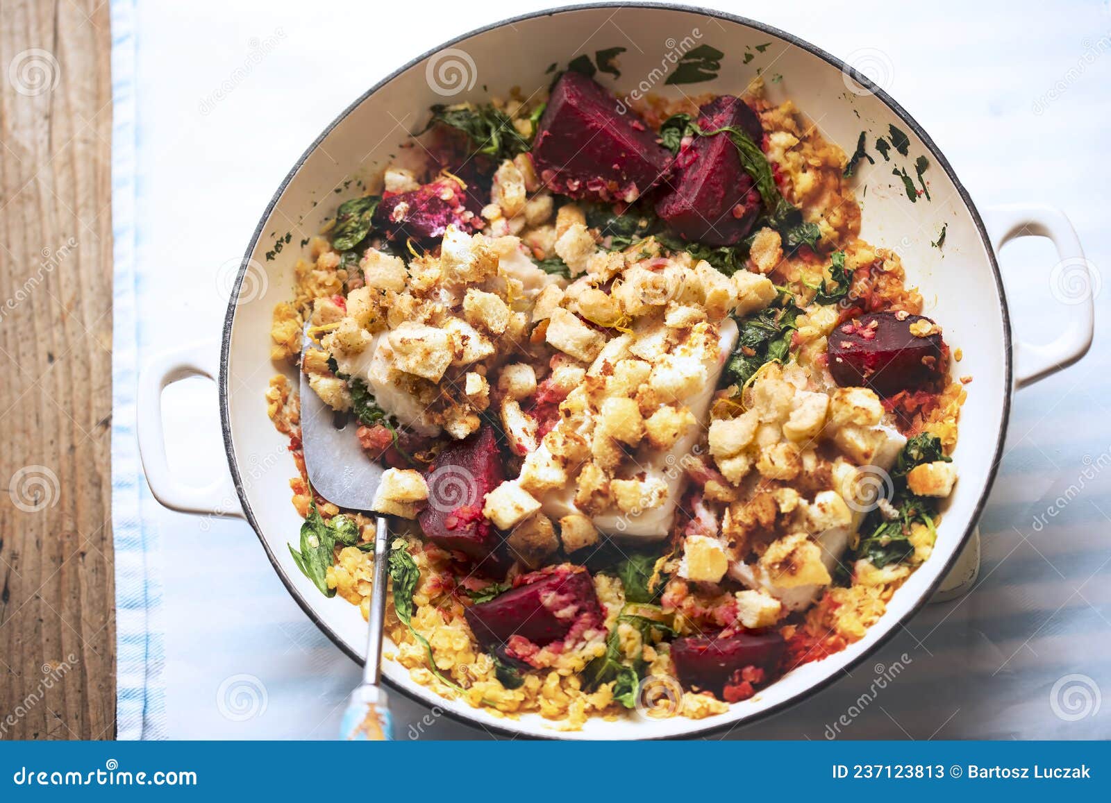 Cod Fish with Breadcrumbs, Beetroot, Spinach and Lentils Stock Image ...