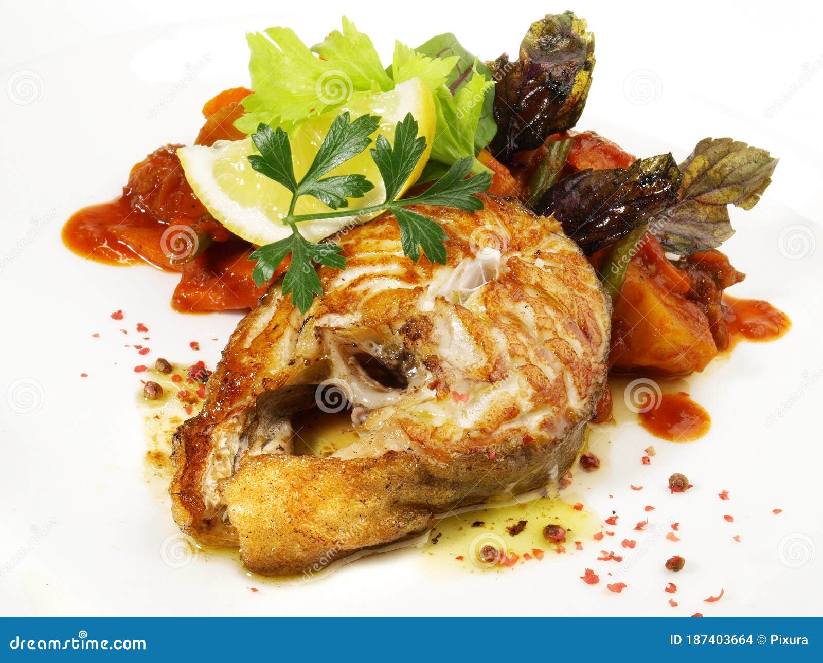 Cod Fish Chop on Tomato Isolated on White Background Stock Photo ...