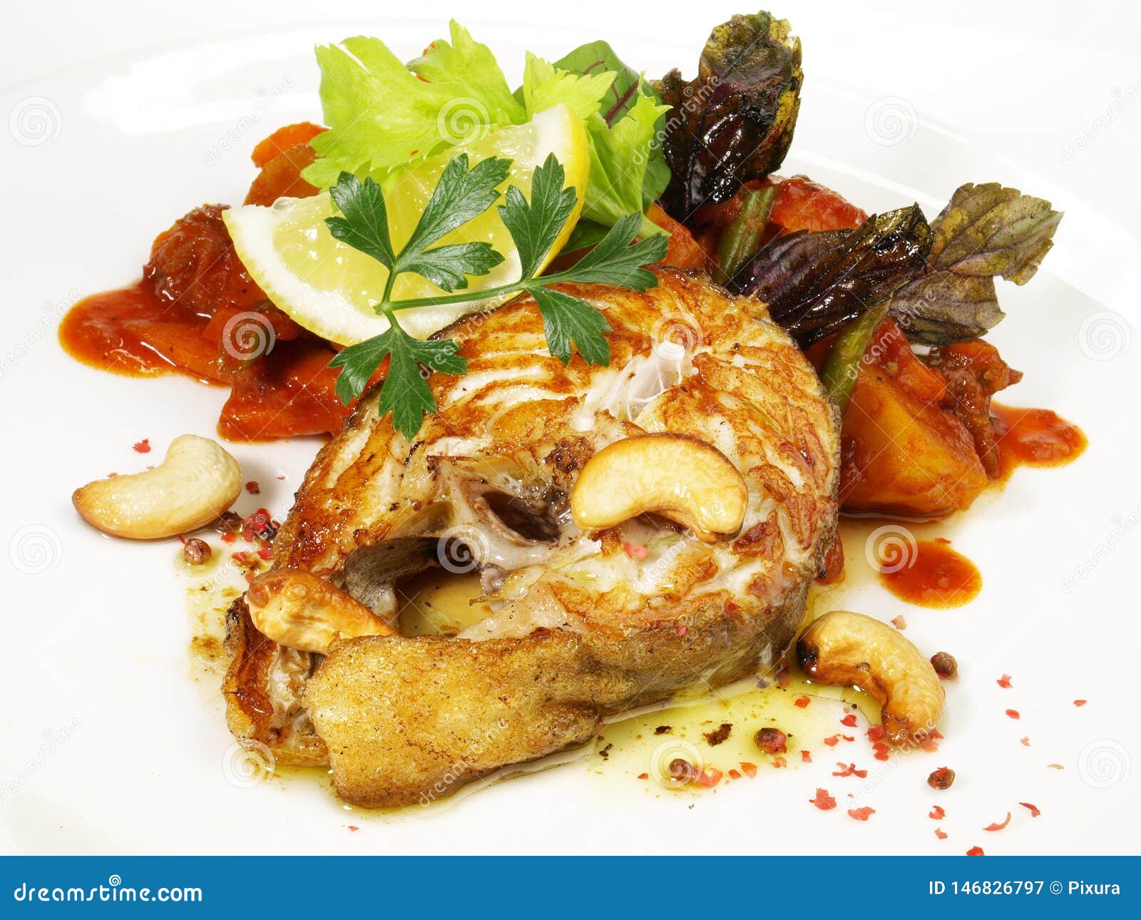 Cod Fish Chop on Tomato stock image. Image of grilled - 146826797