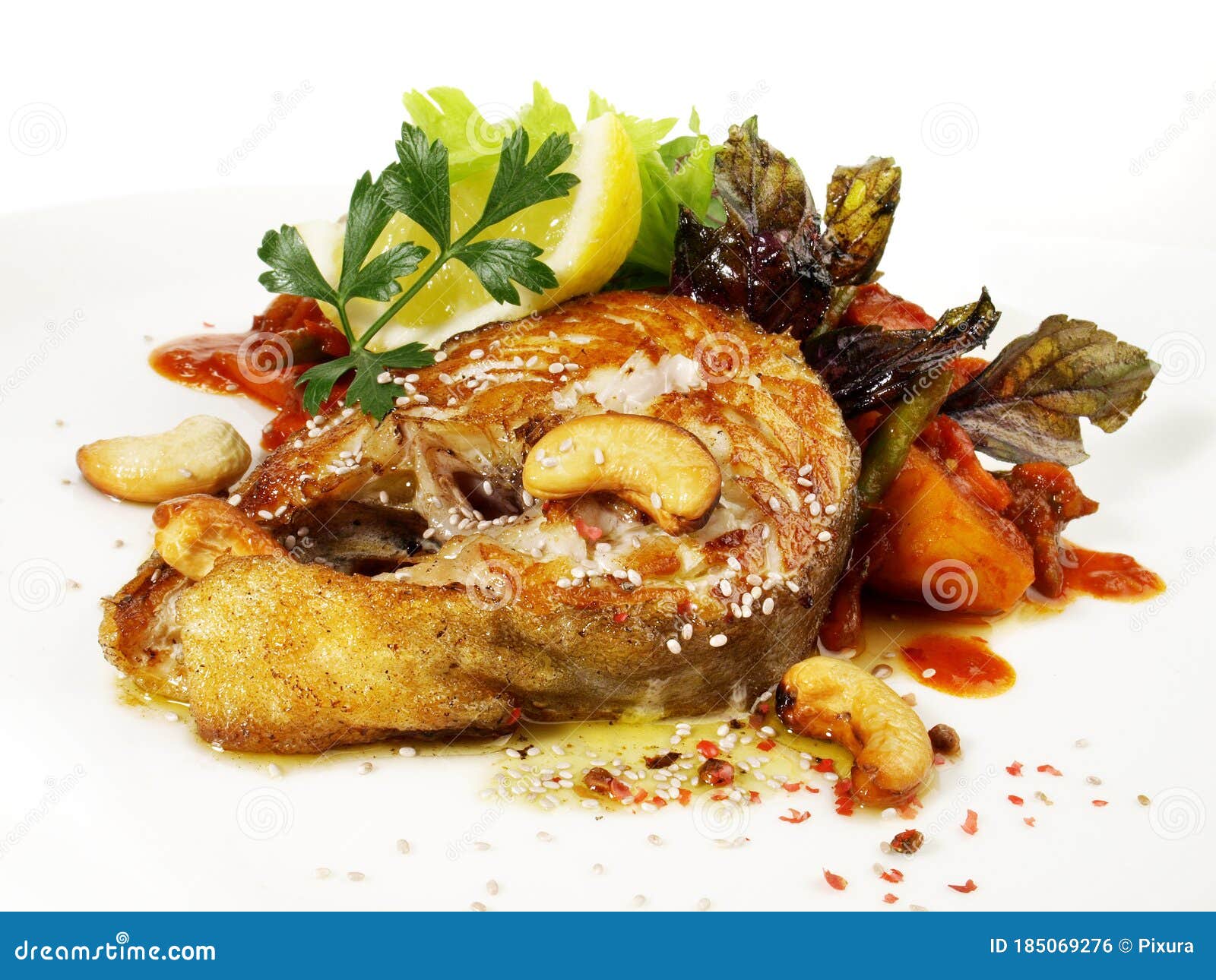 Seafood - Cod Fish Chop on Tomato Stock Photo - Image of grill ...