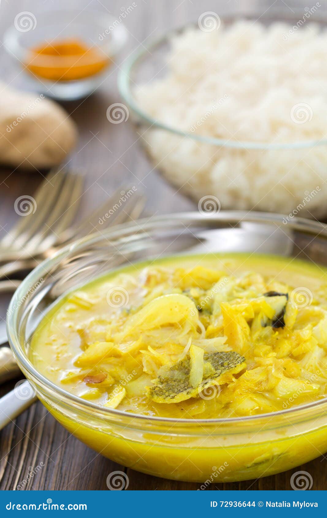 Cod fish curry in bowl stock photo. Image of rice, plate - 72936644