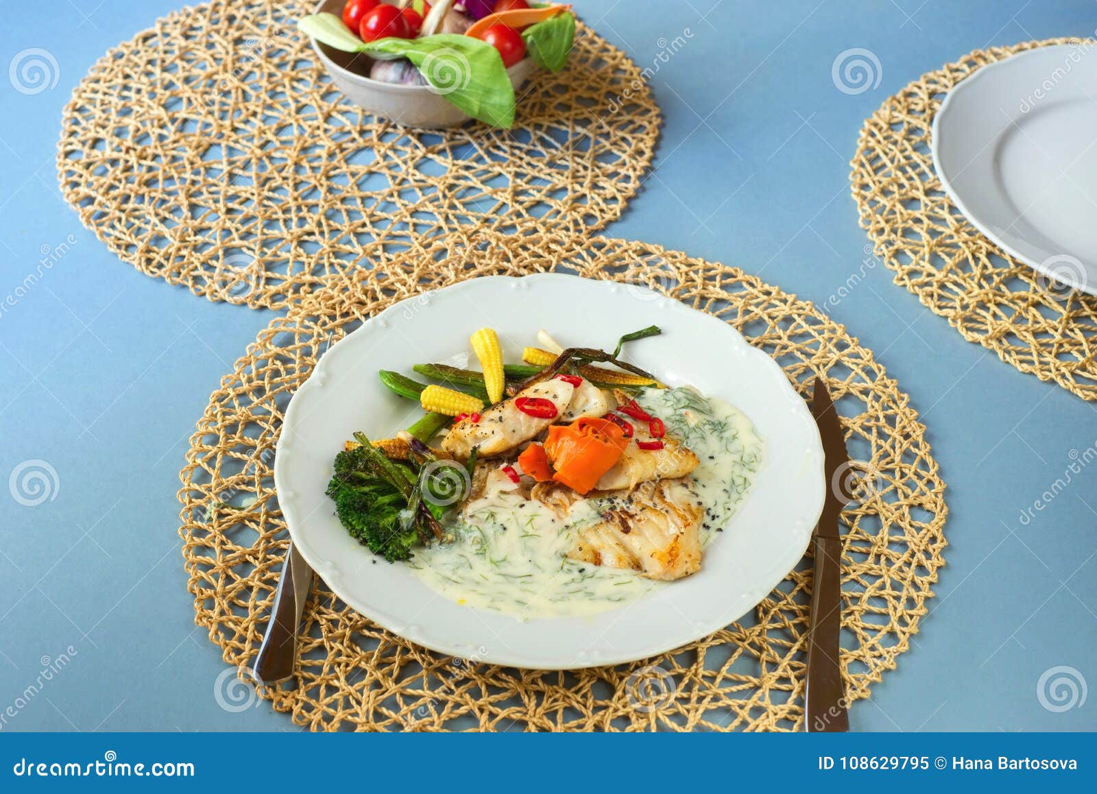 Cod Fish, Dill Sauce and Vegetable Garnish. Stock Image - Image of ...
