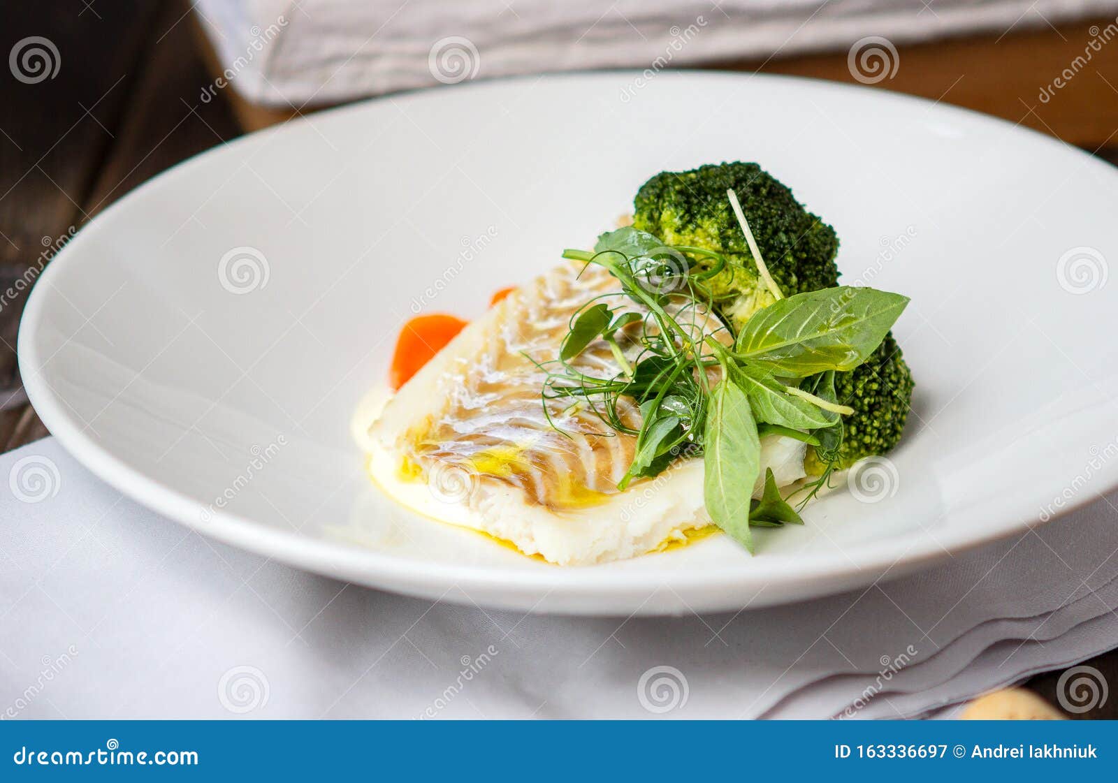 Cod Fish Fillet with Mashed Potatoes and Broccoli Stock Image - Image ...