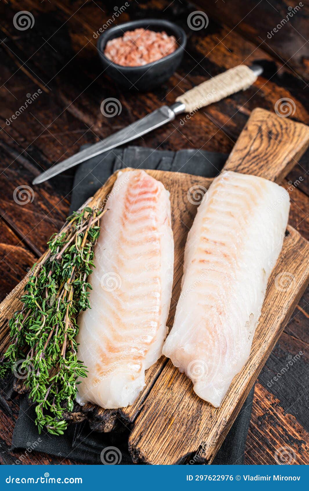 Cod Fish Fillets, Raw Codfish with Thyme on Wooden Board. Wooden ...