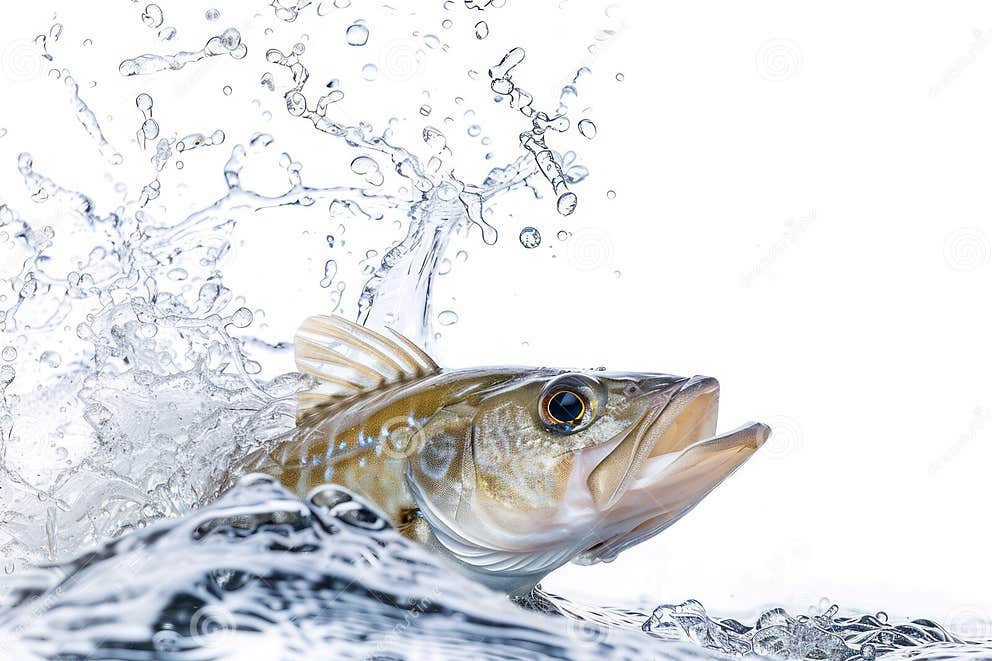 Cod Fish Jumping Out of Water Isolated on White Background Stock ...