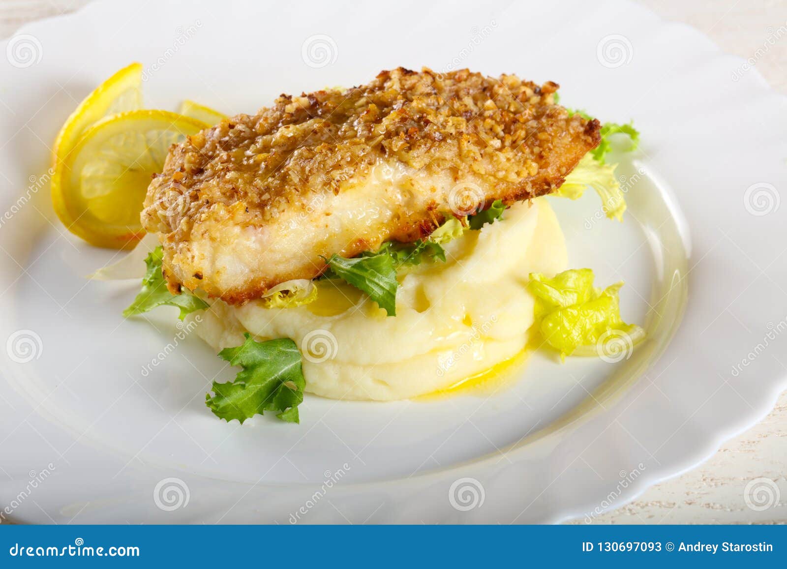 Cod Fish with Mashed Potato Stock Image - Image of cuisine, green ...