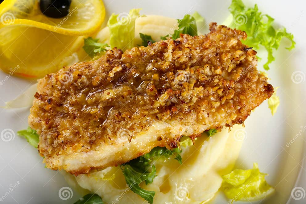 Cod Fish with Mashed Potato Stock Photo - Image of sauce, vegetable ...