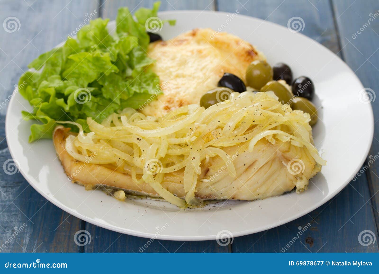 Cod Fish with Onion and Mashed Potato on White Plate Stock Image ...